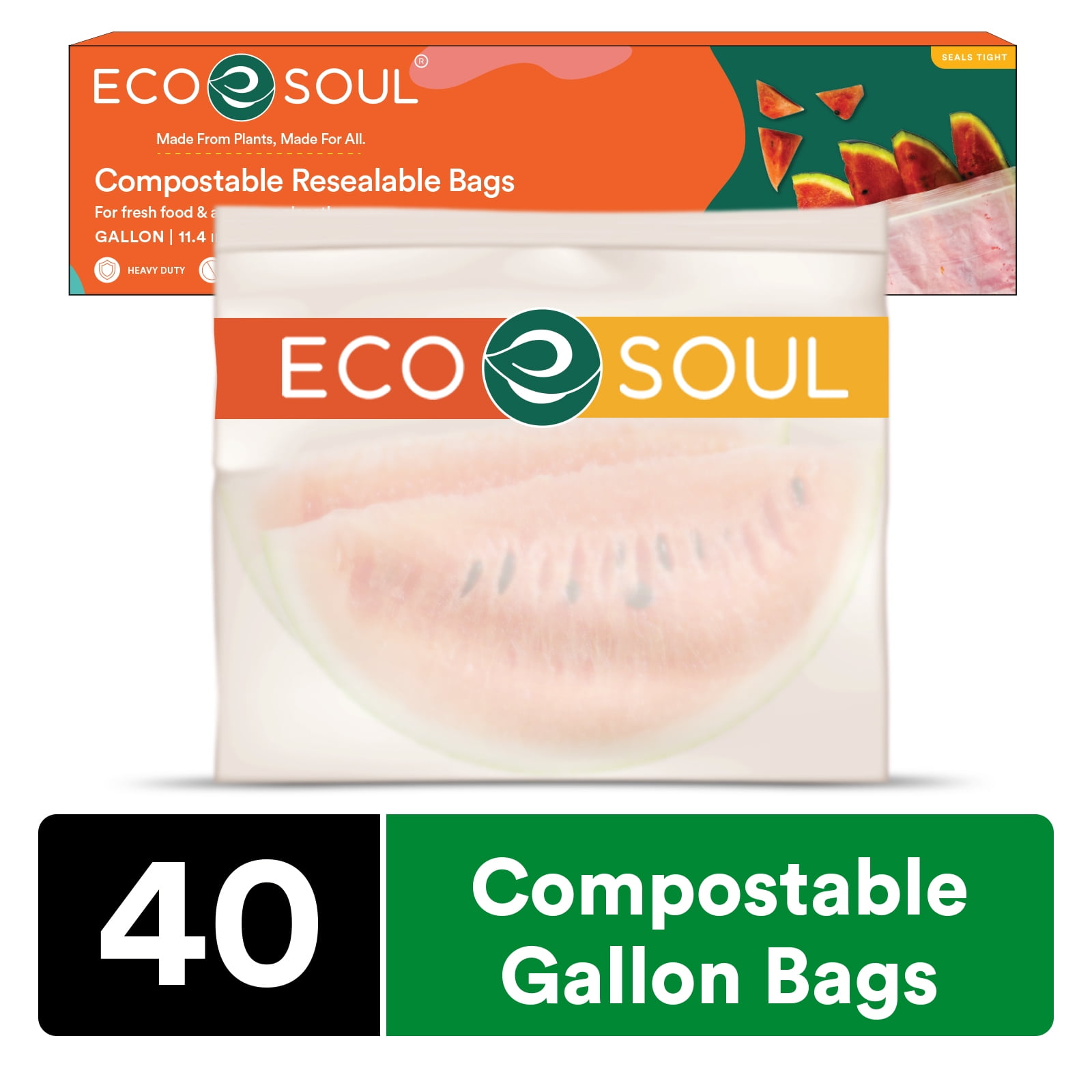 ECO SOUL Compostable Gallon Bags, 40 Count, Resealable, Leakproof ...