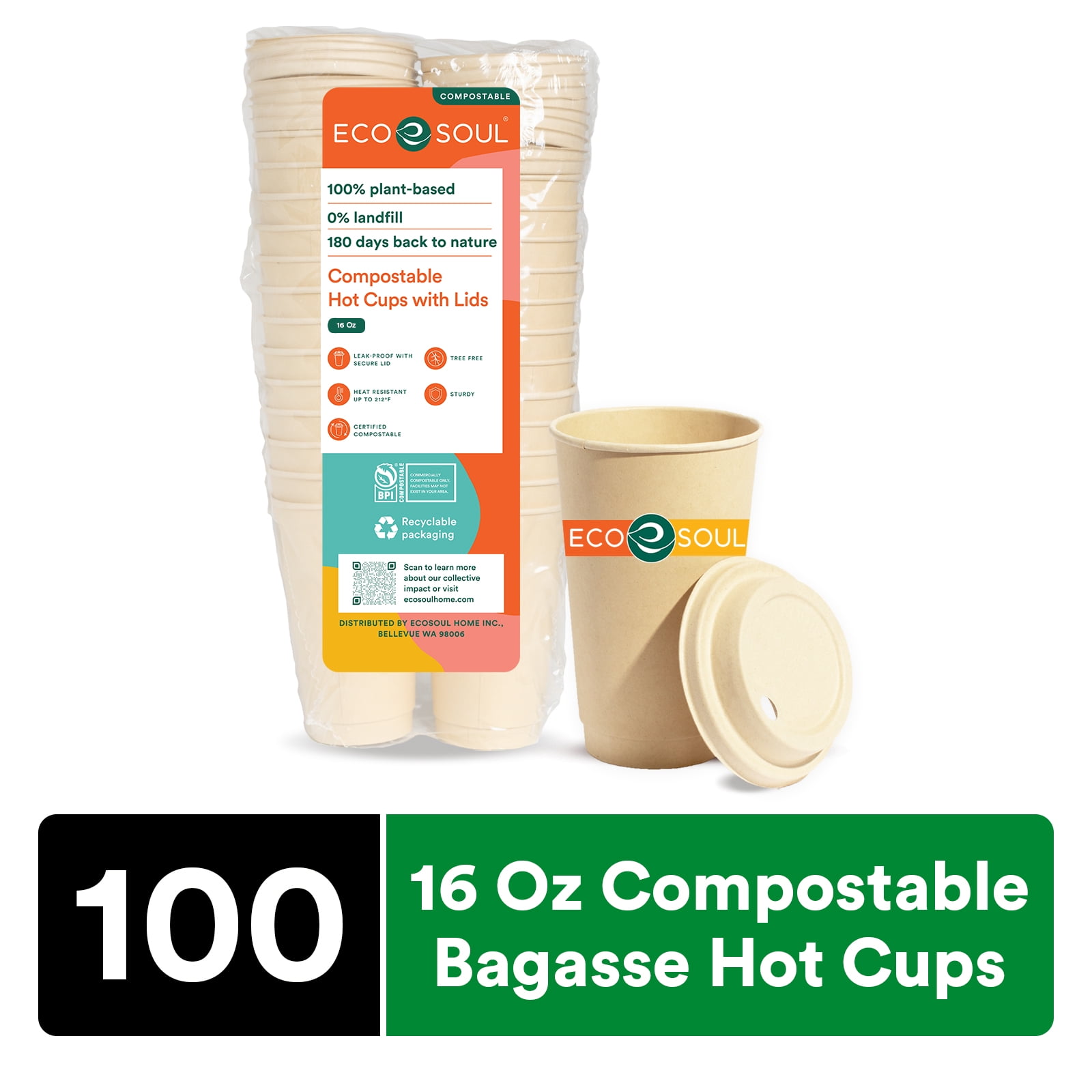 ECO SOUL 100% Compostable Plant Based 16 oz Bagasse Hot Cups with Lids ...