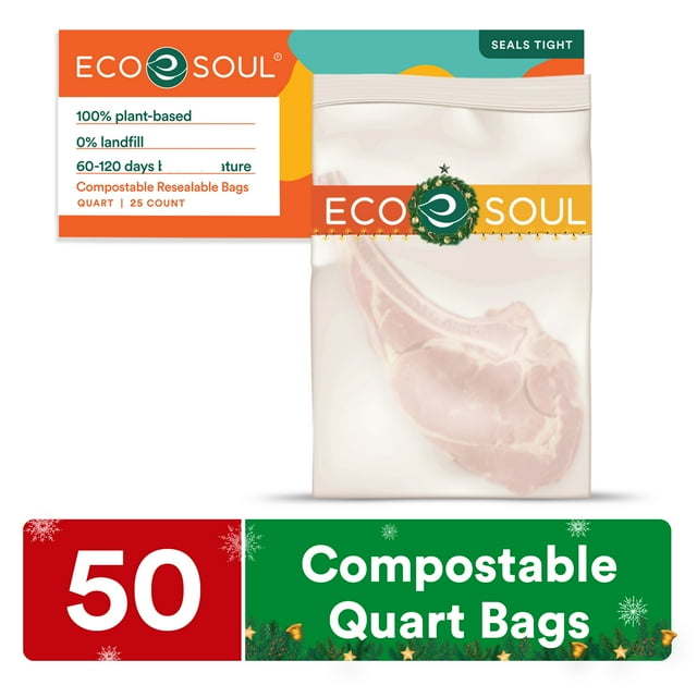 ECO SOUL 100% Compostable Quart Bags [50 Counts] Resealable Bags ...