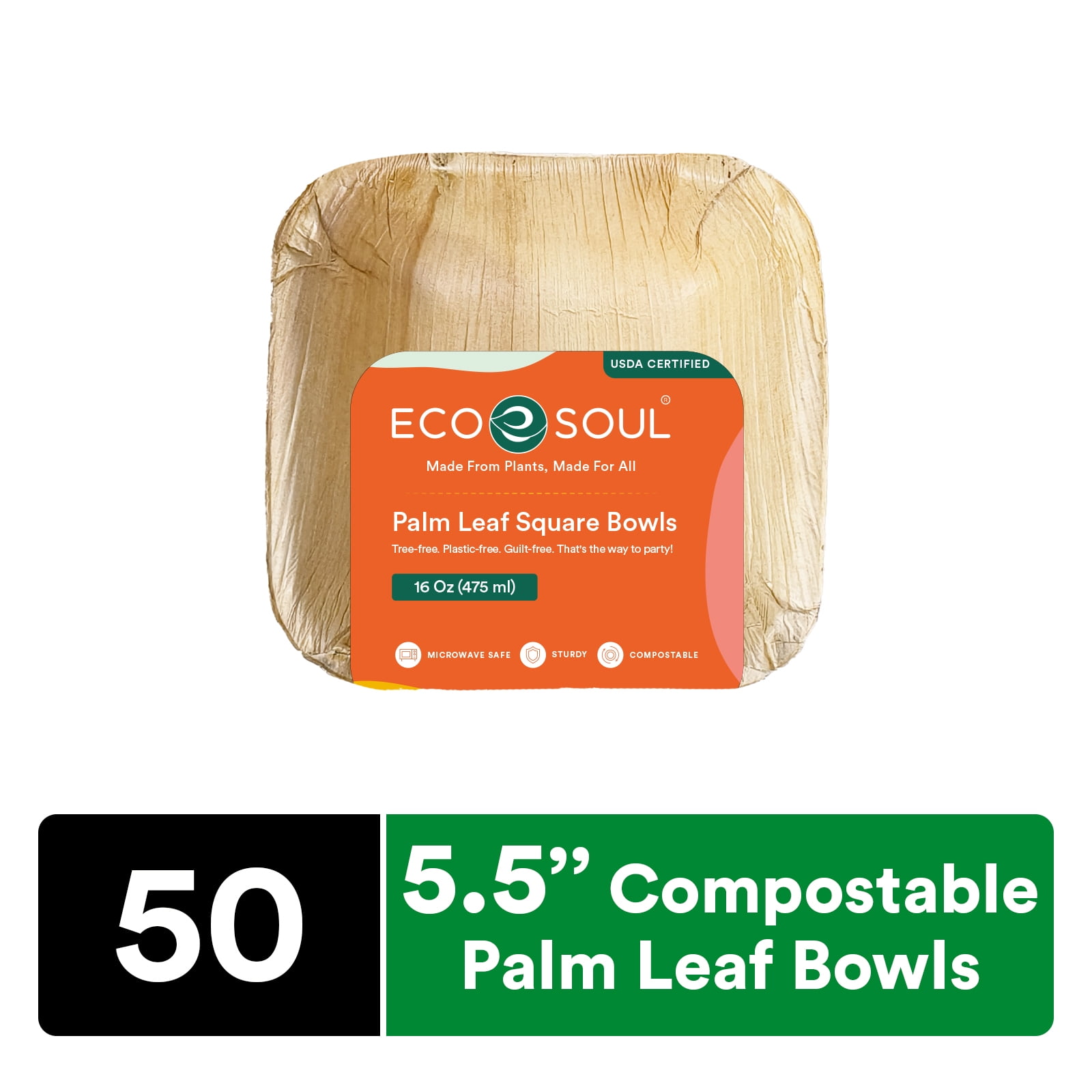 ECO SOUL 100% Compostable Small 5.5 Inch 16 Oz Square Palm Leaf Bowls ...