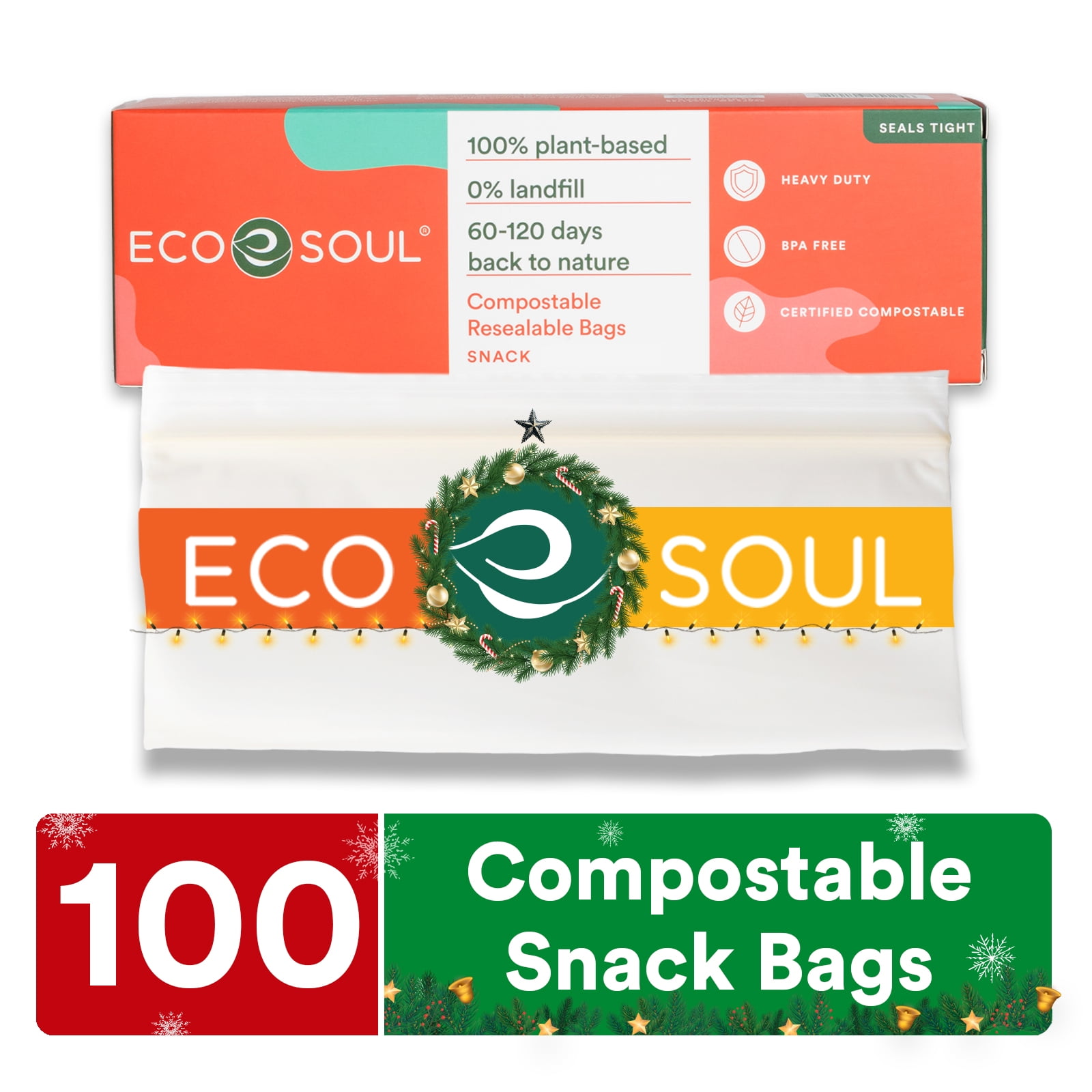 ECO SOUL 100% Compostable Snack Bags [100 Counts] Resealable Bags for ...