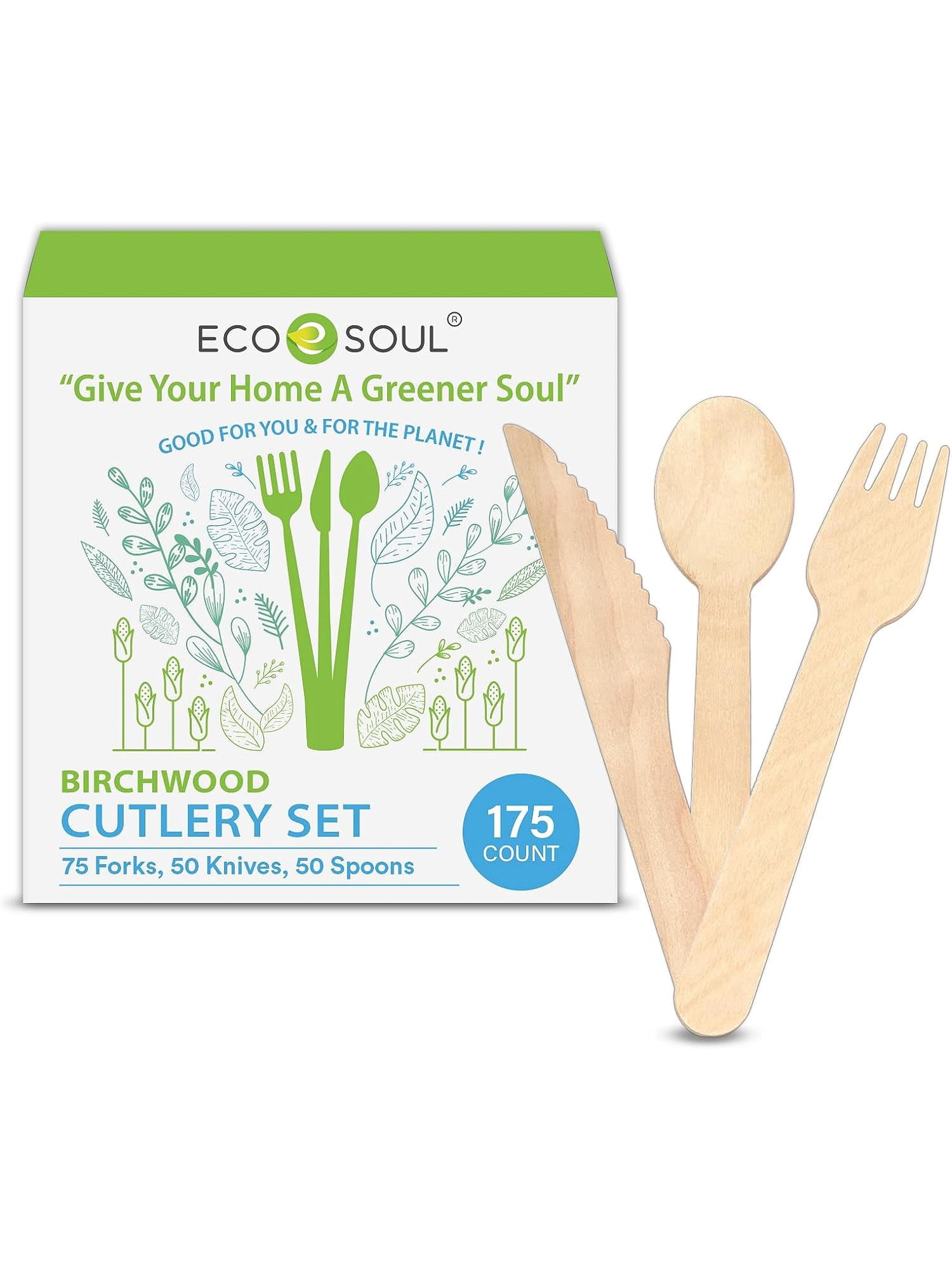 ECO SOUL 100 Percent Compostable Disposable Birchwood Cutlery Set ...