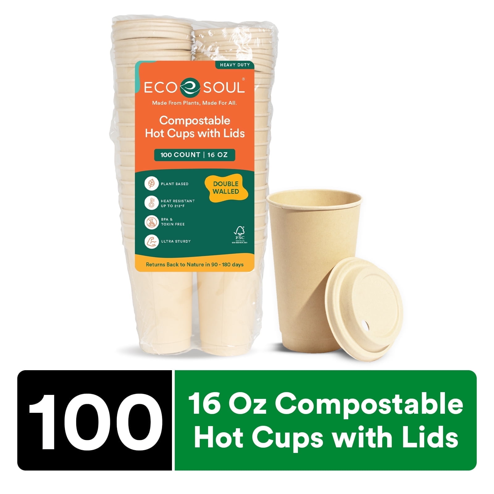 ECO SOUL Compostable 16 oz Hot Cups with Lids, Plant Based Bagasse, 100 ...