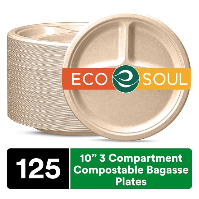 ECO SOUL 10 Inch Round 3 Compartment [125-Pack] Tree Free Compostable ...