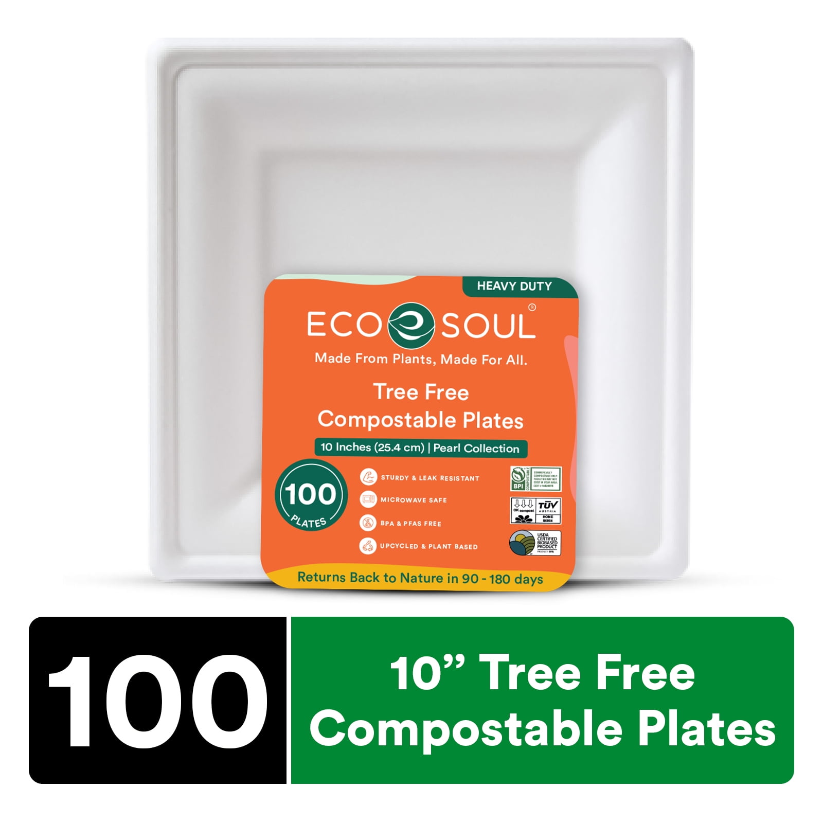 ECO SOUL 10 Inch Square Paper Plates [100-Pack] | Compostable ...