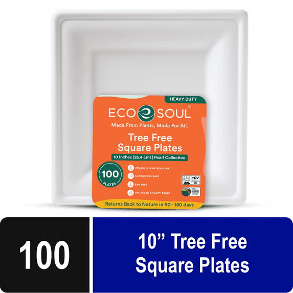 ECO SOUL 10 Inch Square Paper Plates [100-Pack] | Compostable ...