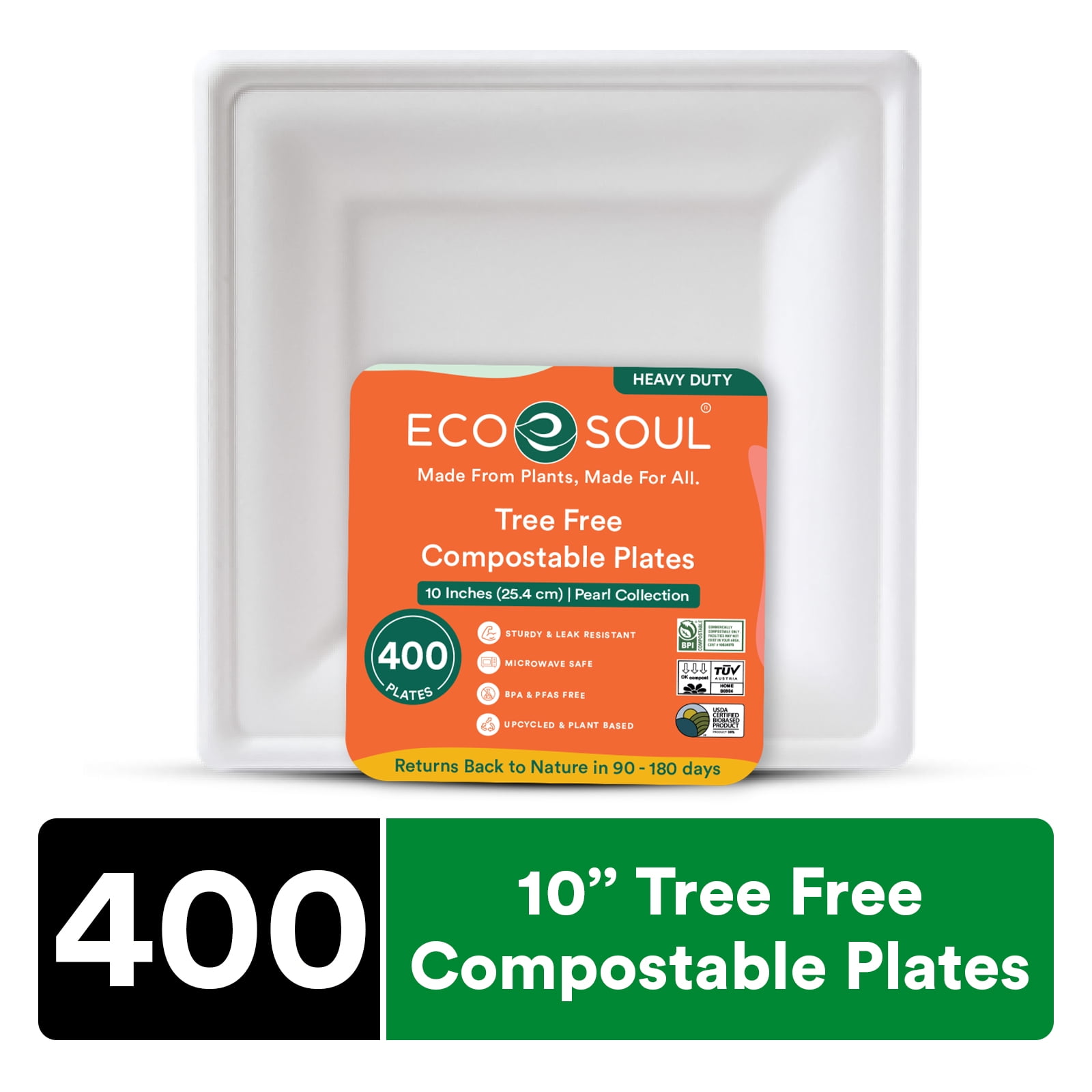 ECO SOUL Pearl White 10 Inch Square [400-Pack] Tree Free Compostable ...