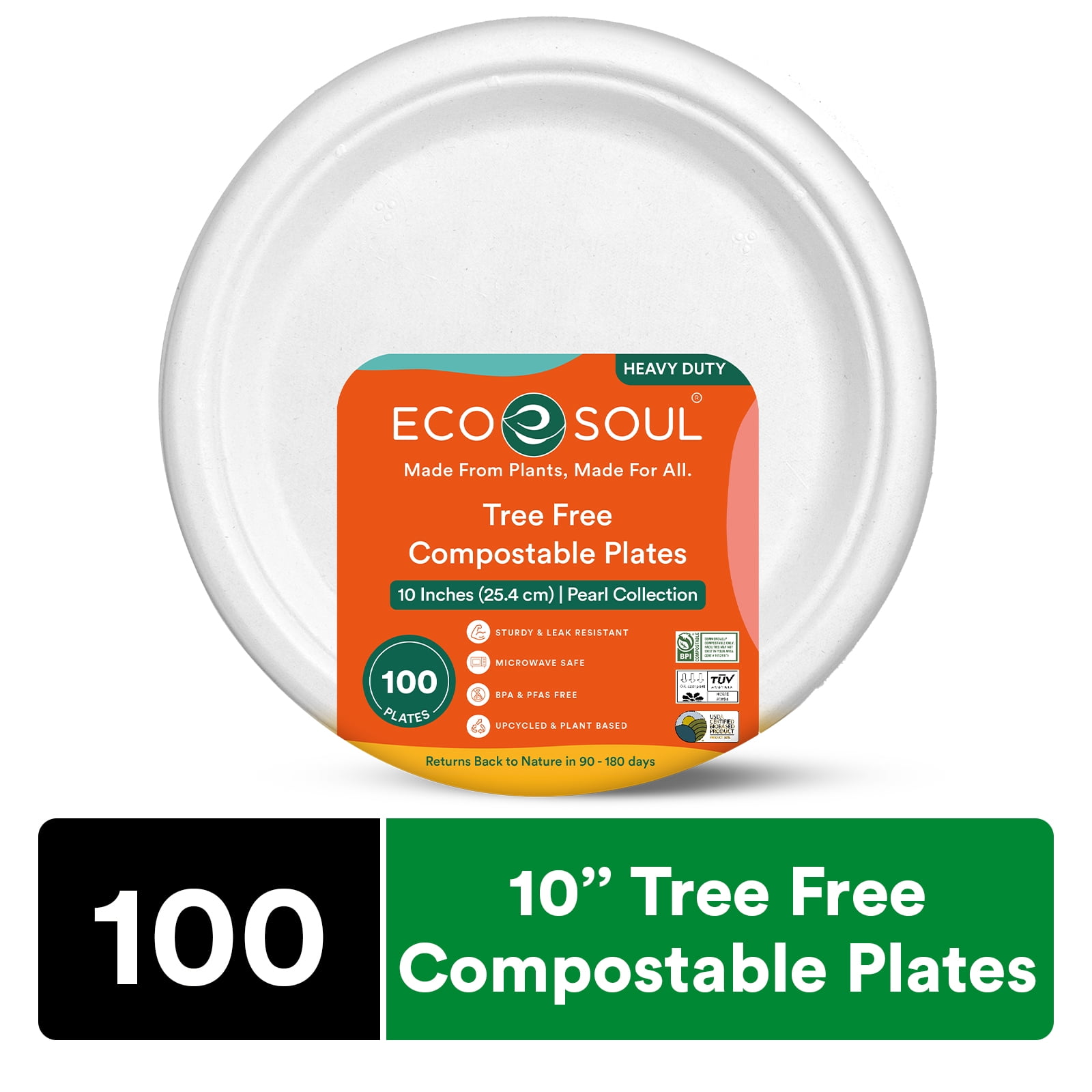 ECO SOUL Pearl White 10 Inch Round [100-Pack] Tree Free Compostable ...