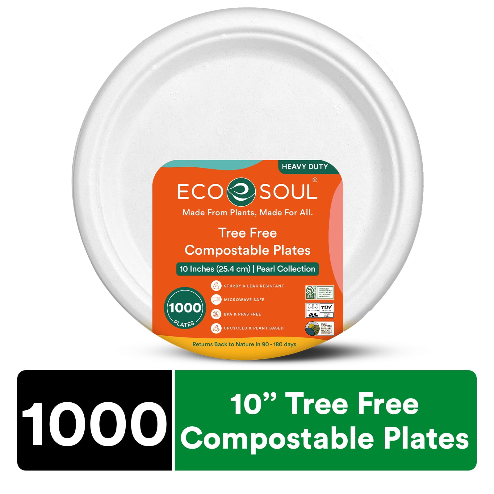ECO SOUL Pearl White 10 Inch Round [1000-Pack] Tree Free Compostable ...