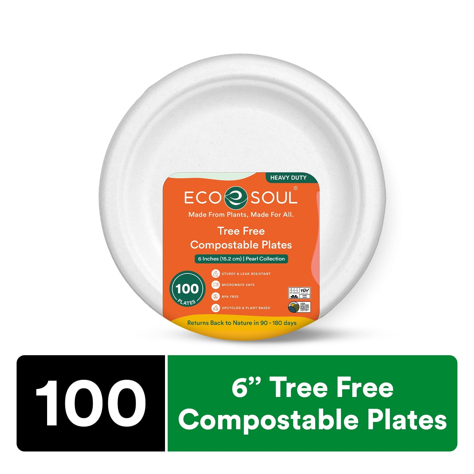 ECO SOUL 100-Pack PFAS-Free 6-in Compostable Sugarcane Plates, Pearl ...