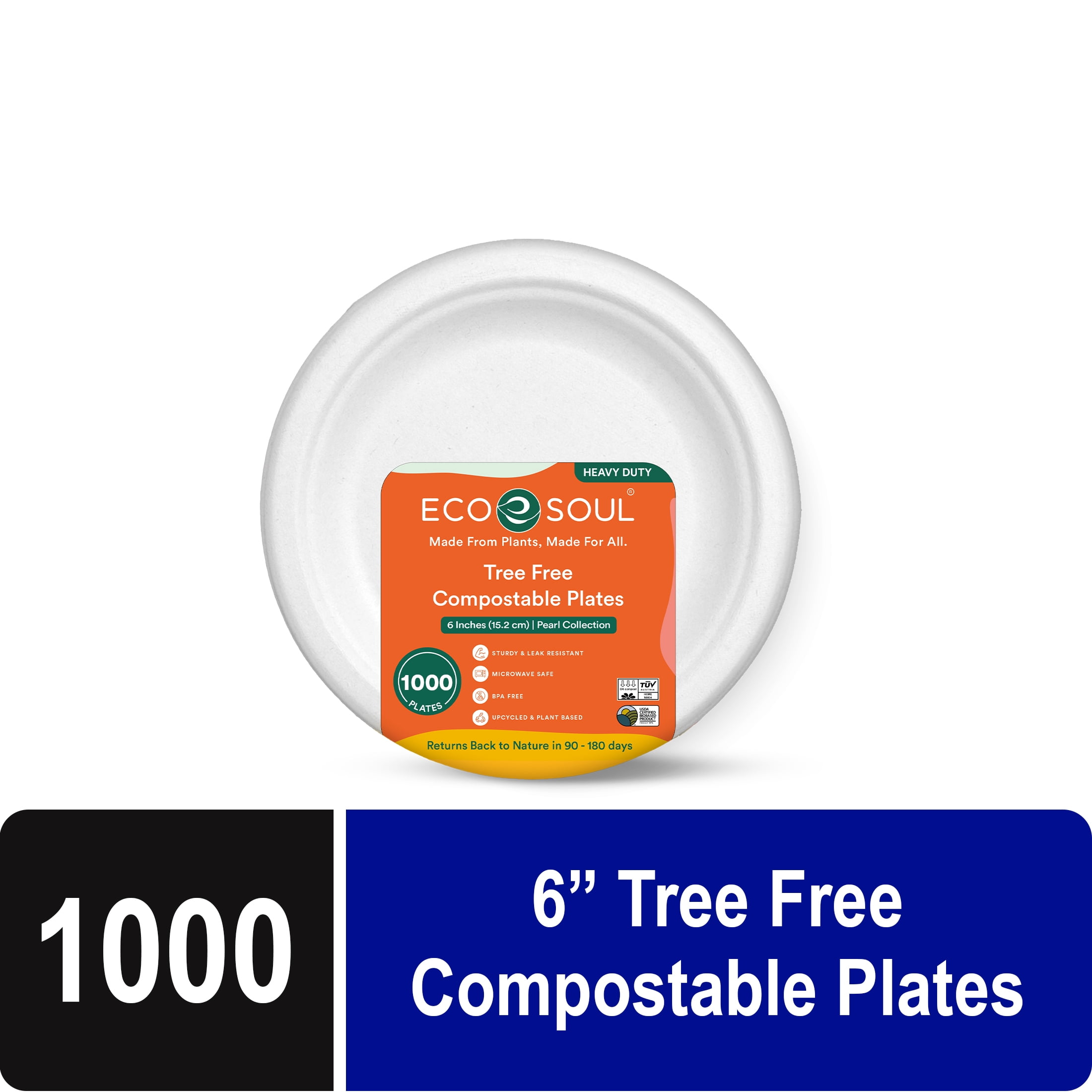 ECO SOUL Biodegradable Sugarcane Plates, 6 Inch, 1000 Count Disposable ...