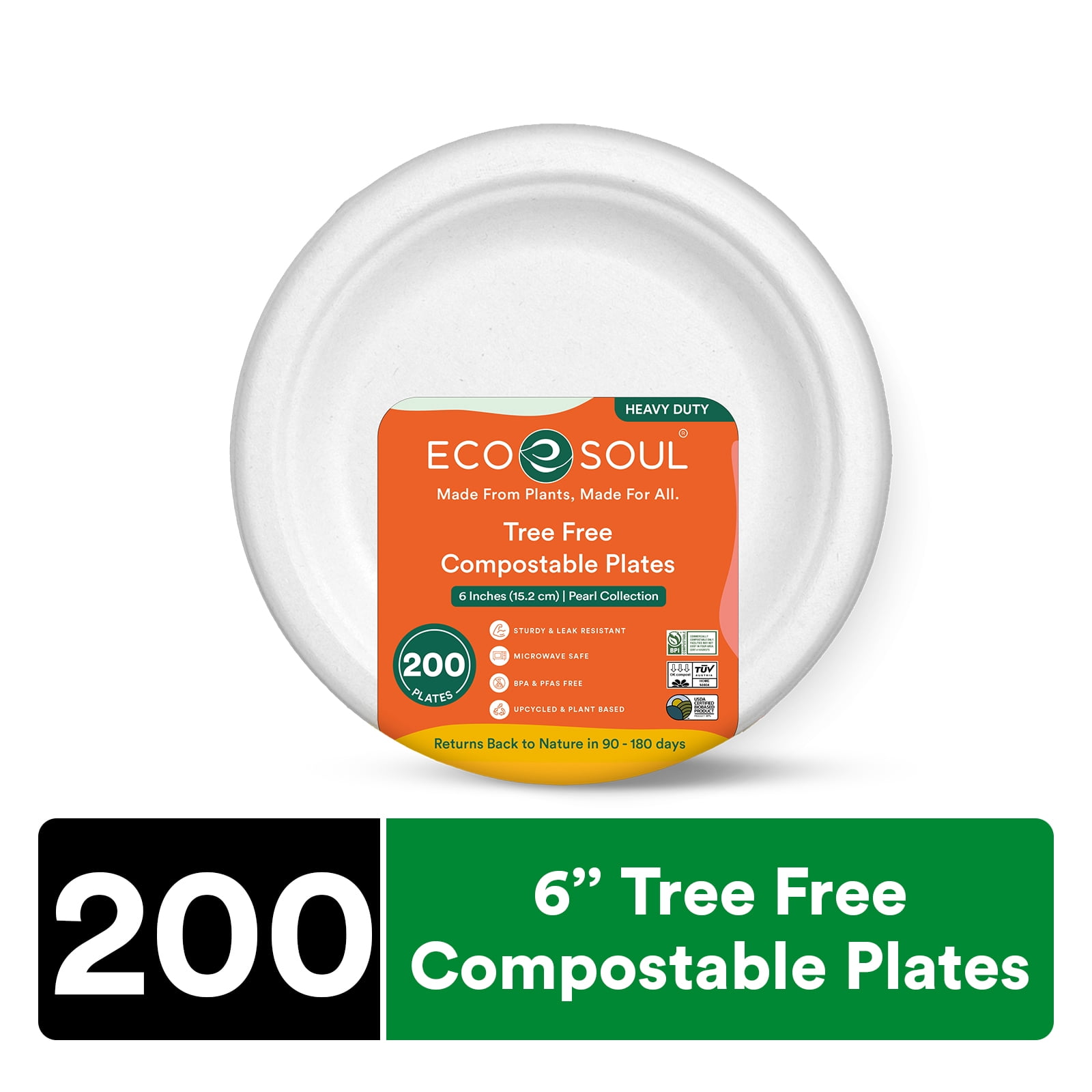ECO SOUL Pearl White 6 Inch Round [200-Pack] Tree Free Compostable ...