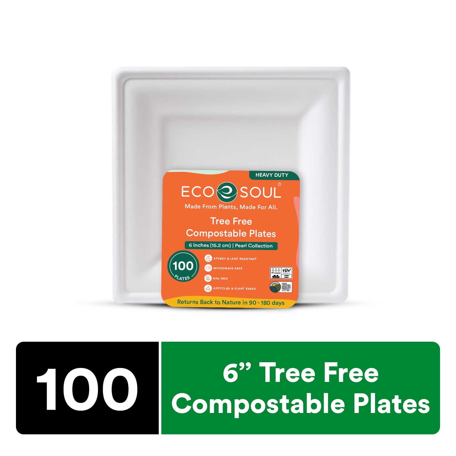 ECO SOUL 6 inch Square Paper Plates [100-Pack] | Compostable, Heavy ...