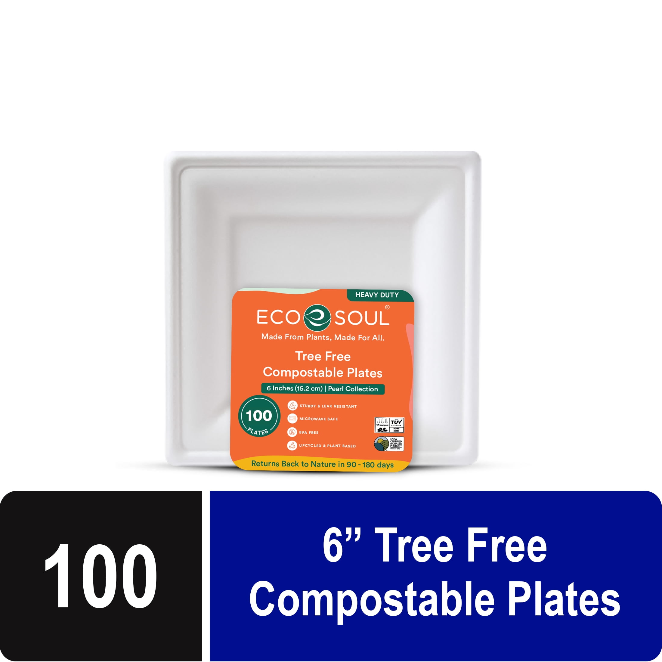 ECO SOUL 6 inch Square Paper Plates [100-Pack] | Compostable, Heavy ...
