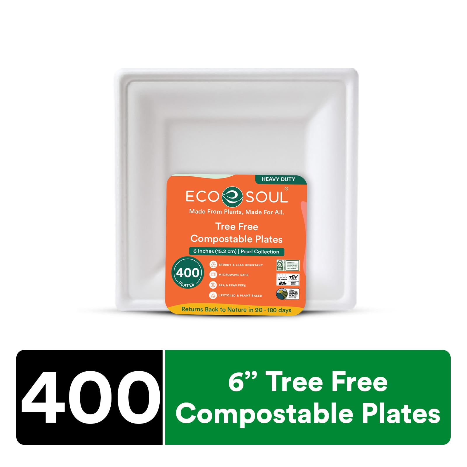 ECO SOUL Pearl White 6 Inch Square [400-Pack] Tree Free Compostable ...
