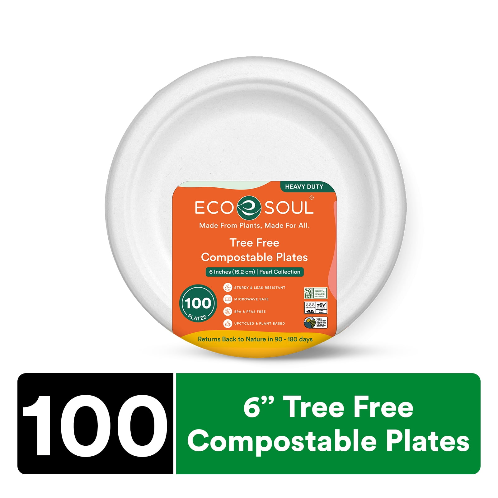 ECO SOUL 100-Pack PFAS-Free 6-in Compostable Sugarcane Plates, Pearl ...