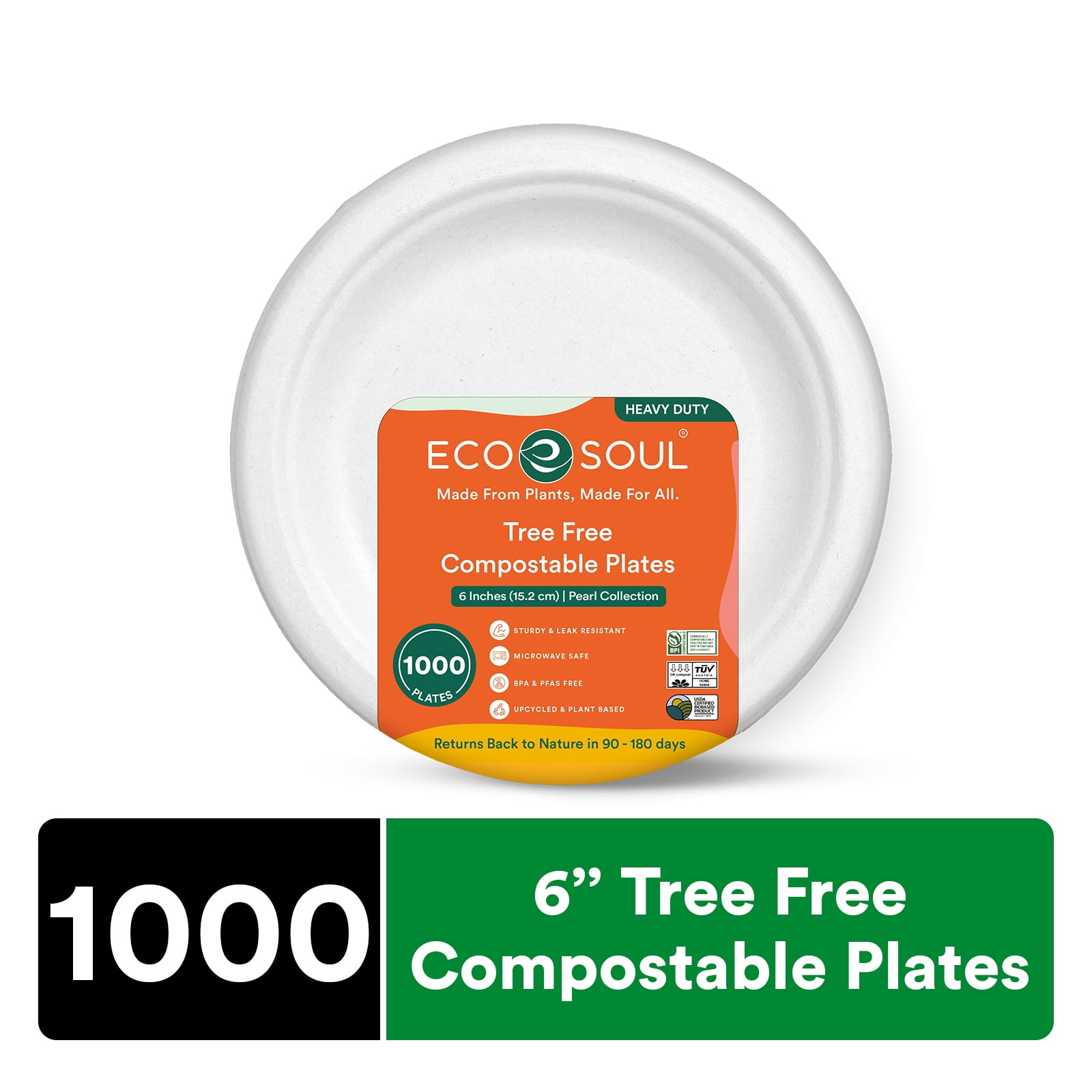 ECO SOUL Pearl White 6 Inch Round [1000-Pack] Tree Free Compostable ...