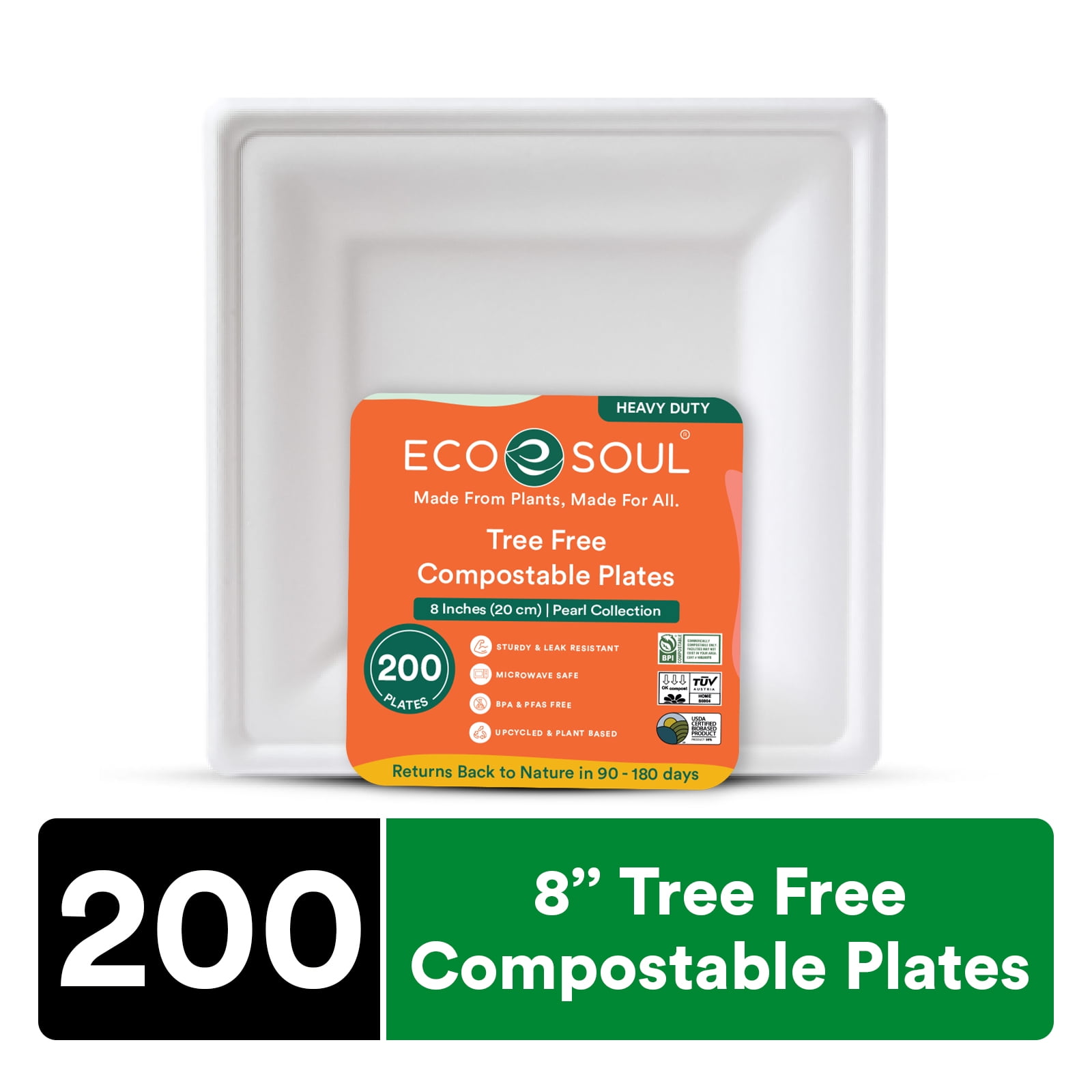 ECO SOUL Pearl White 8 Inch Square [200-Pack] Tree Free Compostable ...