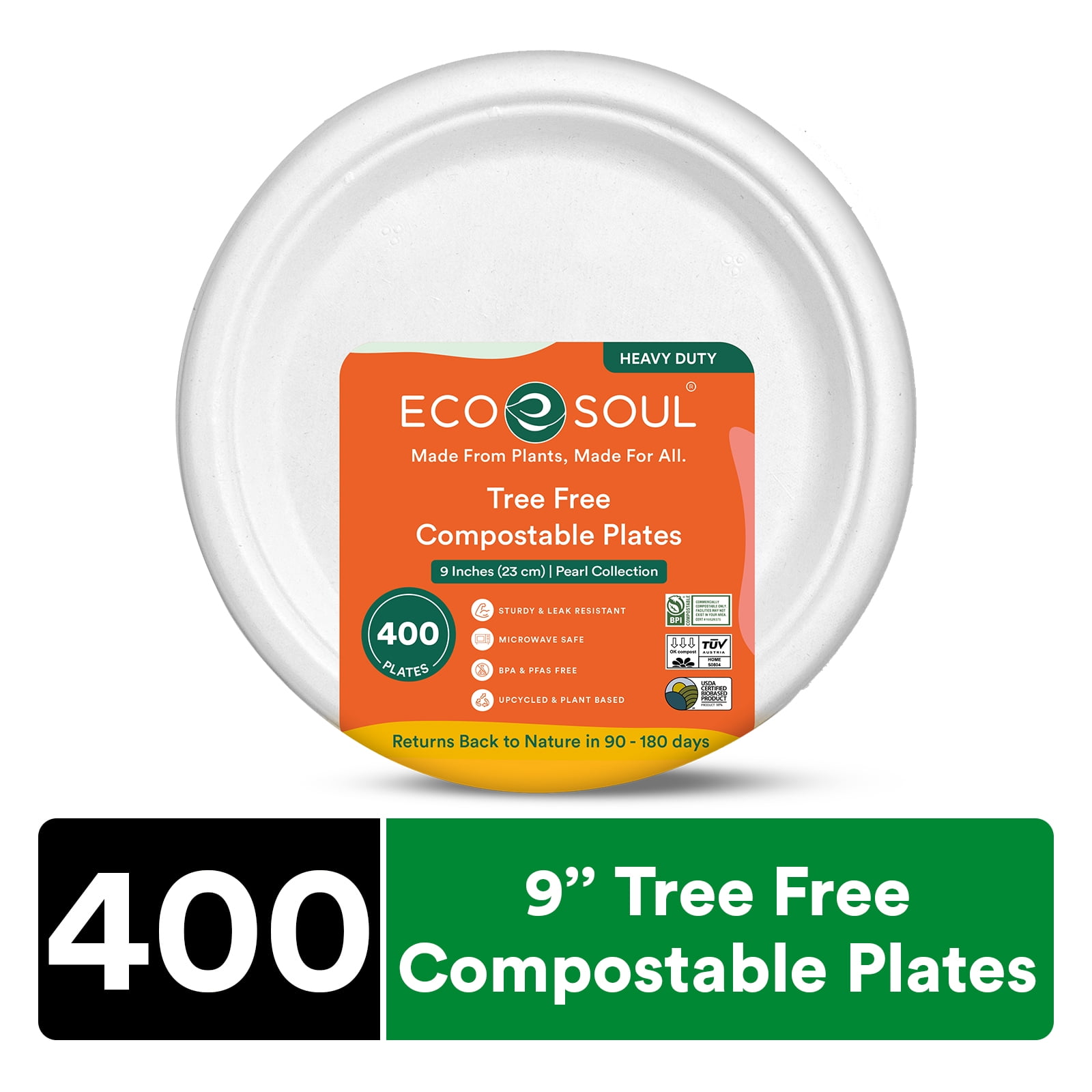 ECO SOUL Pearl White 9 Inch Round [400-Pack] Tree Free Compostable ...