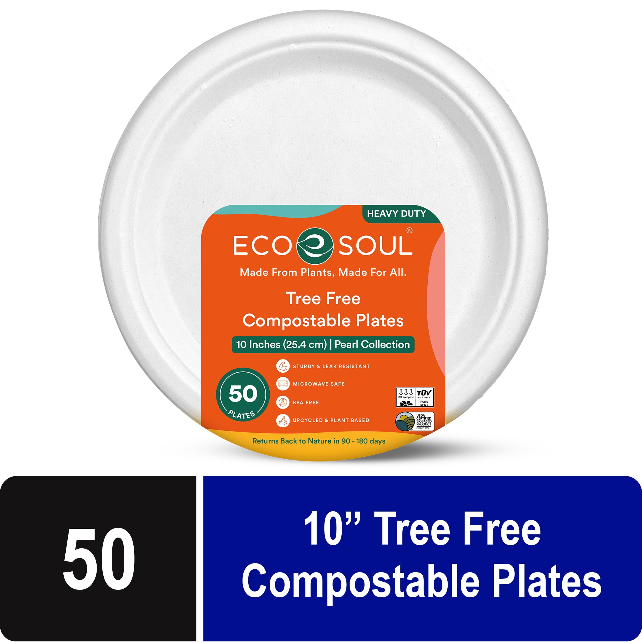 Eco Soul Tree-Free Compostable Disposable Dinner Plates, 10", White 50 ...