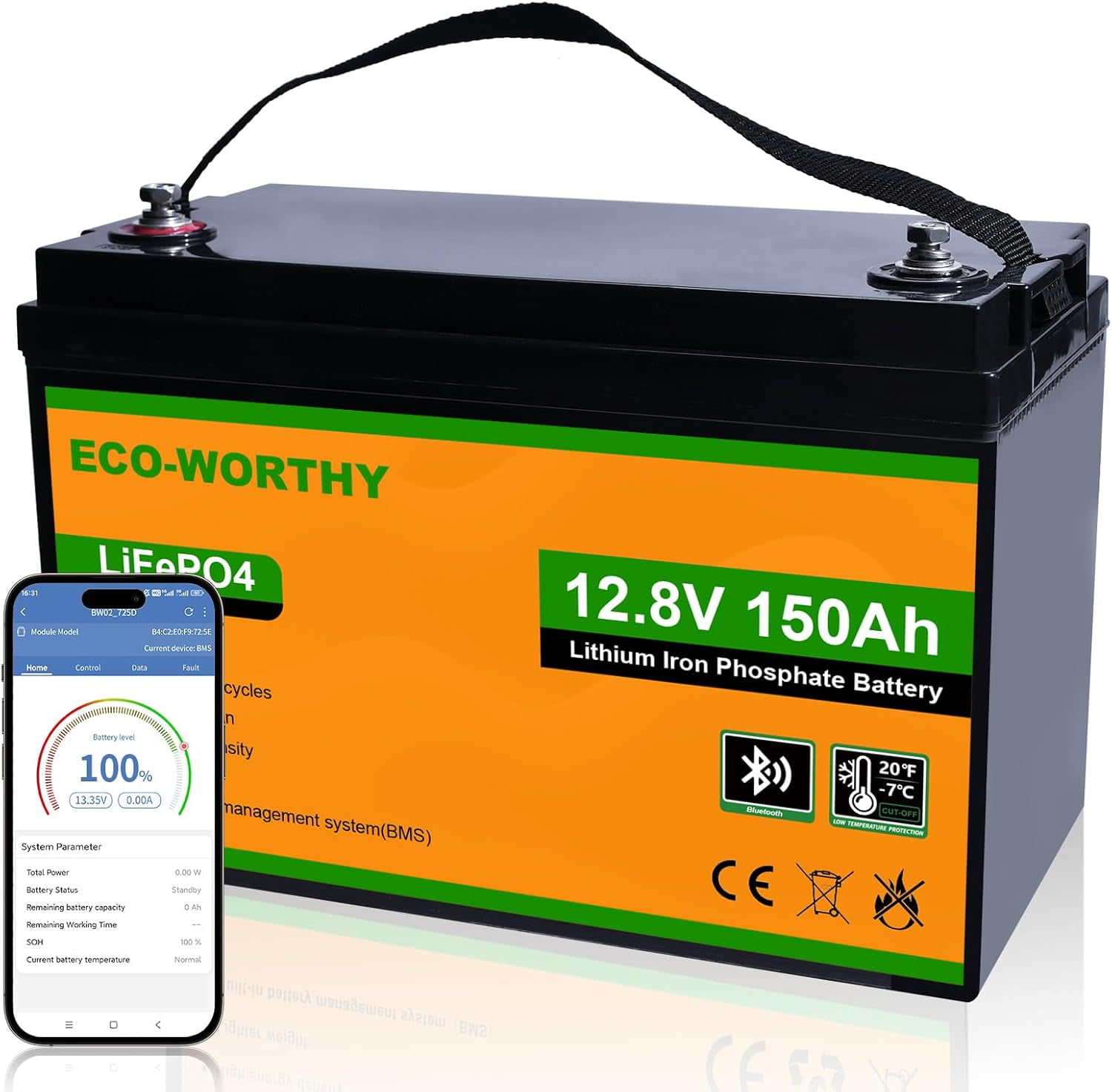 ECO-WORTHY 12V 150AH Bluetooth LiFePO4 Lithium Battery with Low ...
