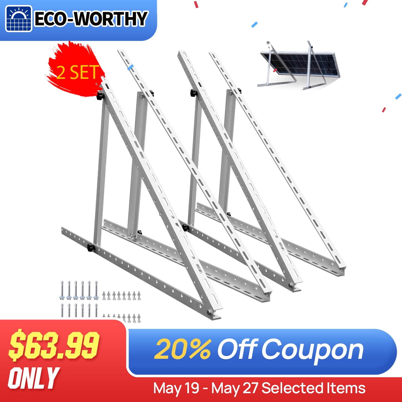 ECO-WORTHY 45 inch Adjustable Solar Panel Tilt Mounting Rack Bracket (2 Set) RV - Walmart.com