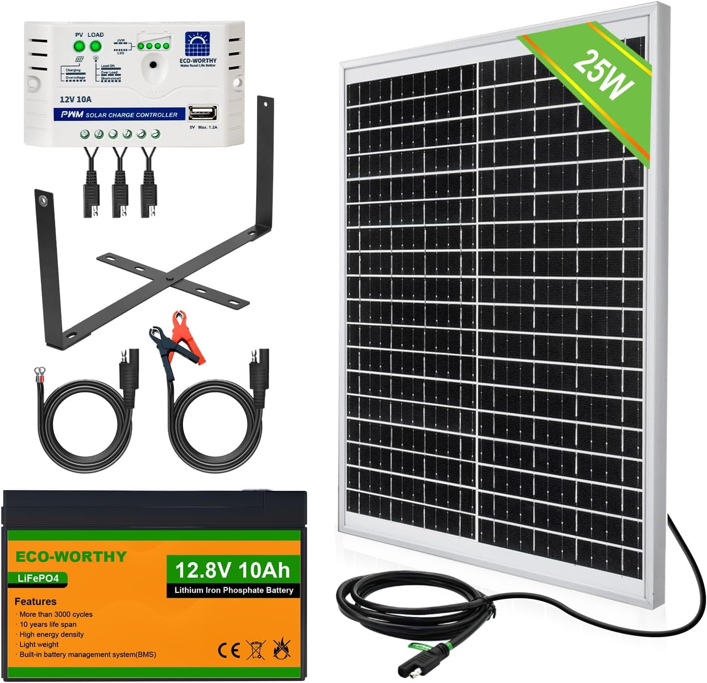 ECO-Worthy 25 Watts 12V Off Grid Solar Panel SAE Connector Kit ...