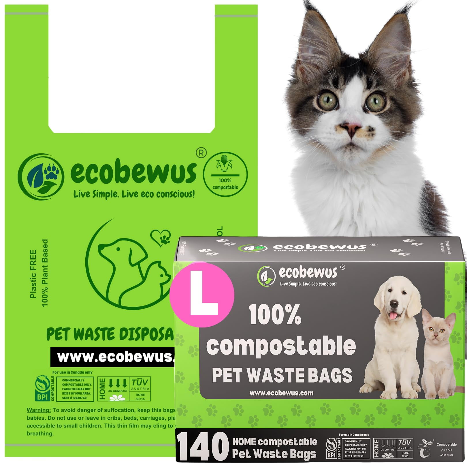 ECOBEWUS 100% Compostable Pet Waste Disposal Bag (140 Plant-Based ...