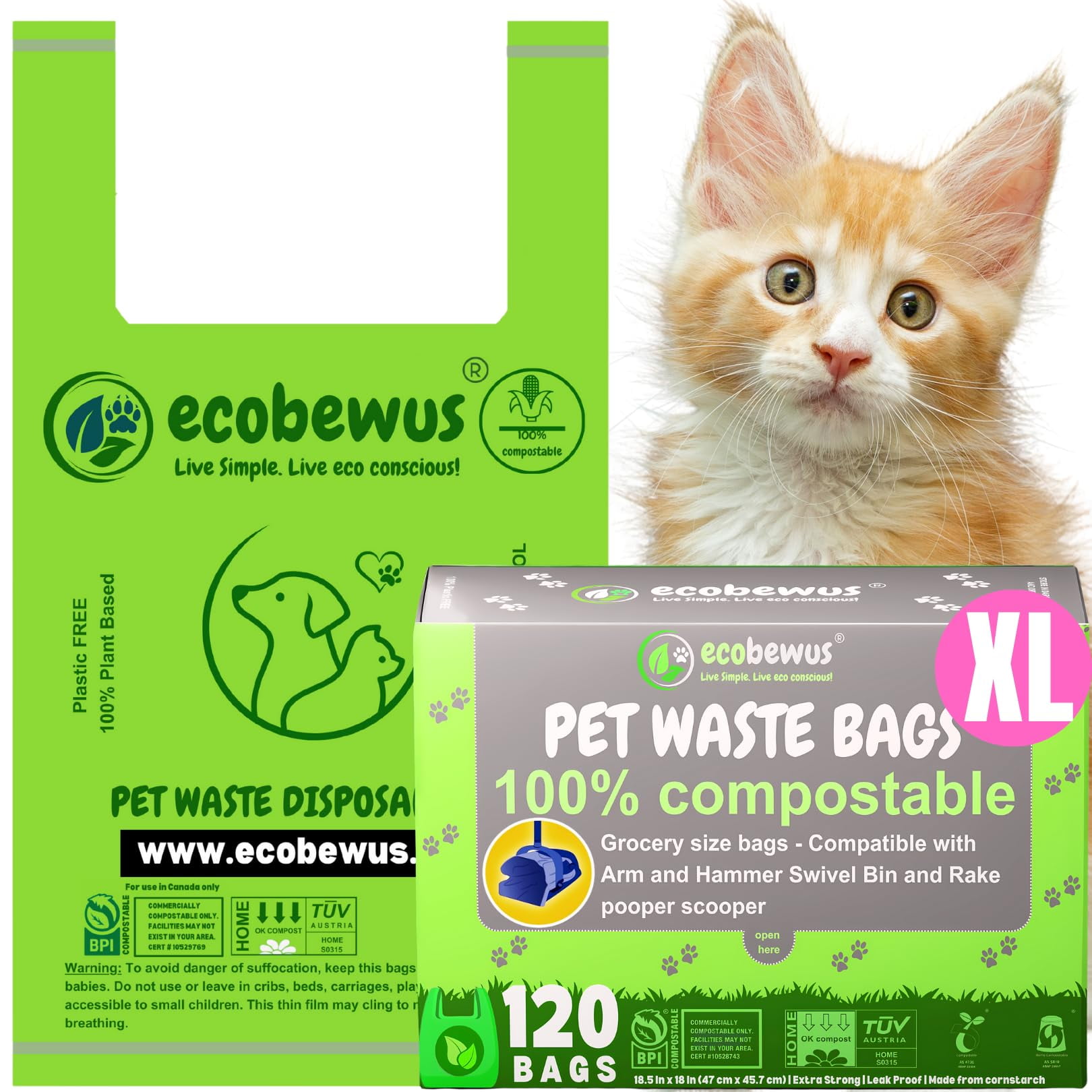 ECOBEWUS 100% Compostable XL IRF13 Pet Waste Bag ct.) Plant-Based ...