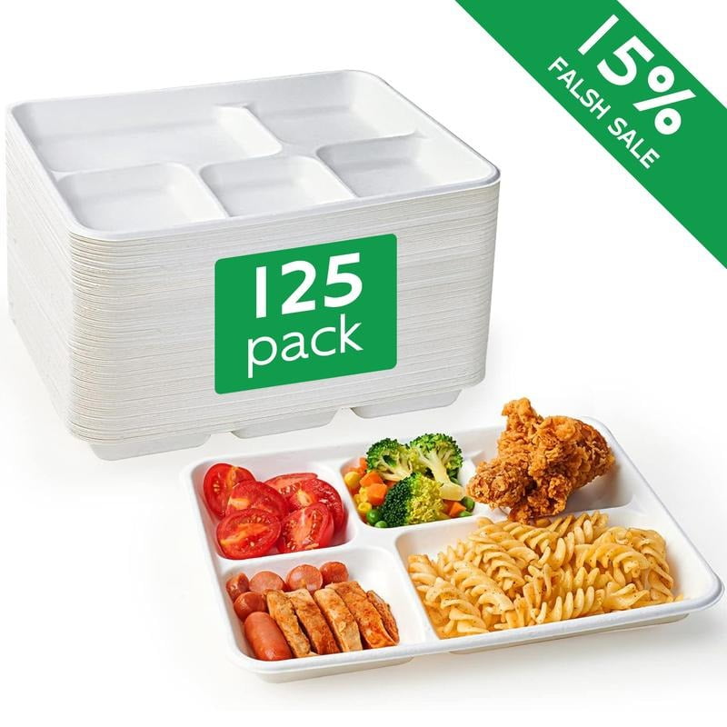 ECOLipak 100% Compostable 5 Compartment Plates, 125 Pack Disposable ...