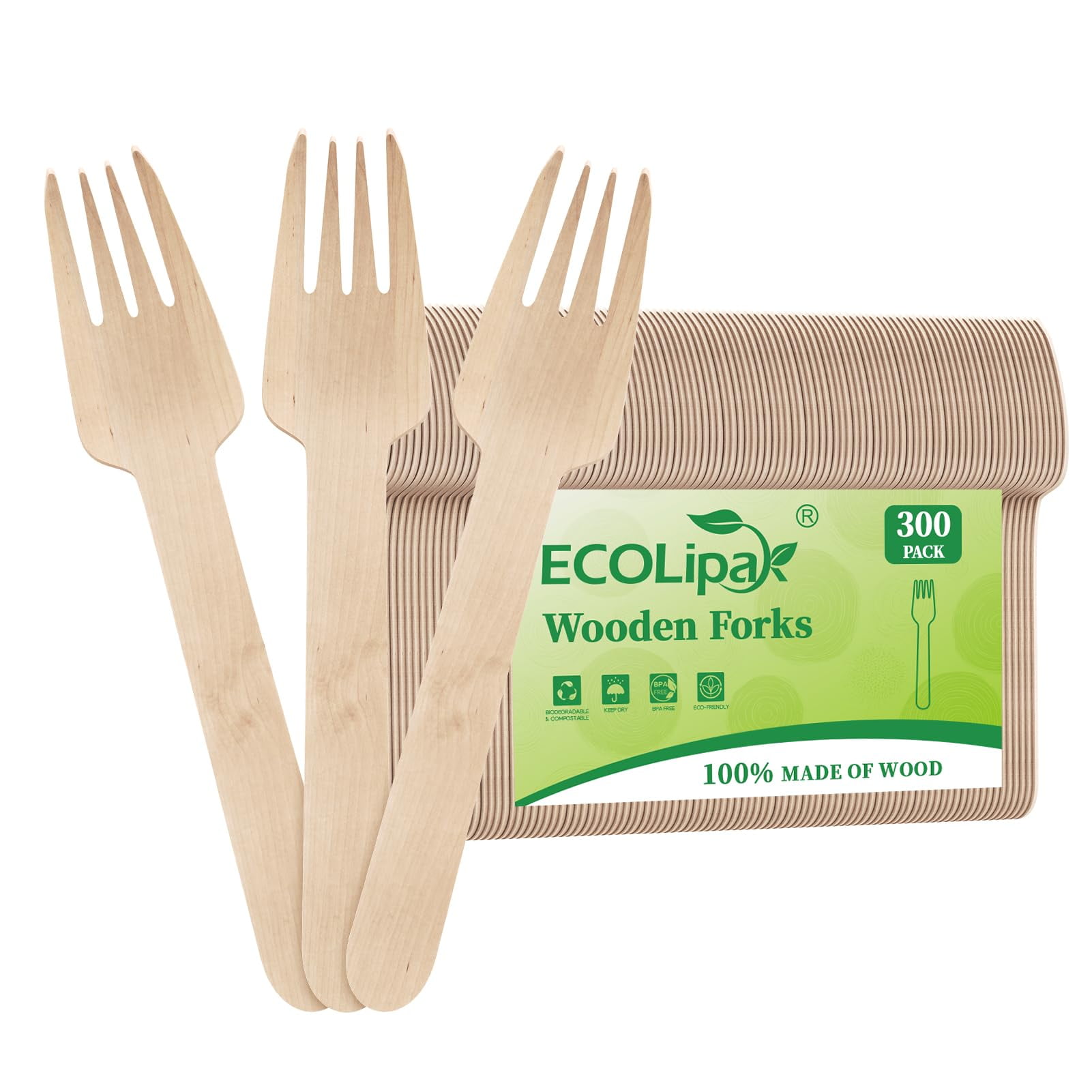 ECOLipak 300 Count Wooden DEF29 Forks Disposable, Wooden Disposable ...