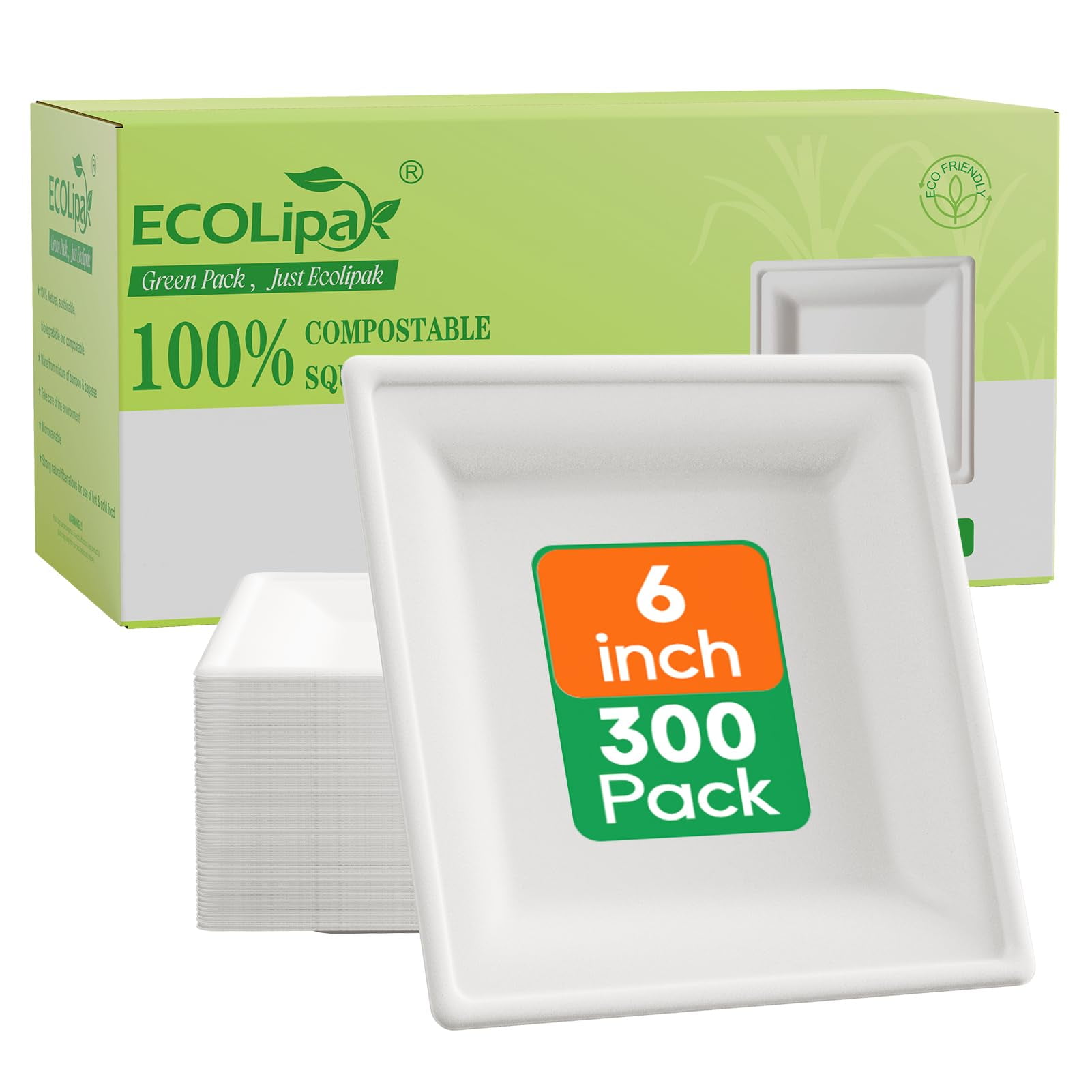 ECOLipak 6 Inch Compostable MMF7 Square Paper Plates, 300 Count Heavy ...