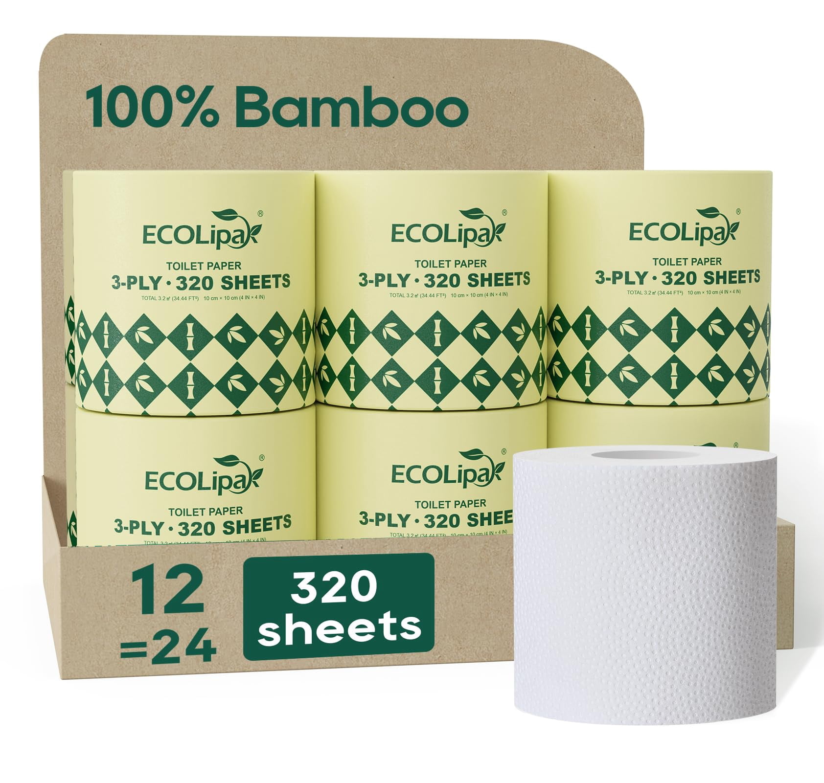 ECOLipak Bamboo Toilet Paper 3 Ply, Septic Safe Toilet Tissue, 12 ...
