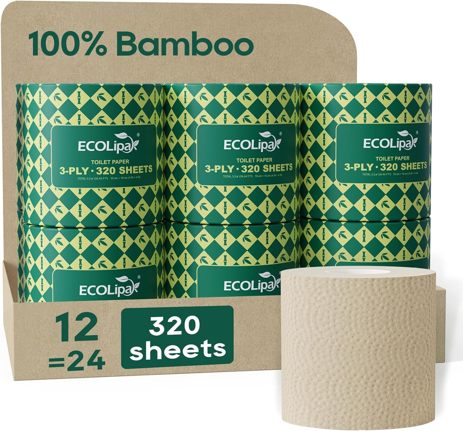 ECOLipak Bamboo Toilet Paper 3 Ply, Septic Safe Toilet Tissue, 12 ...