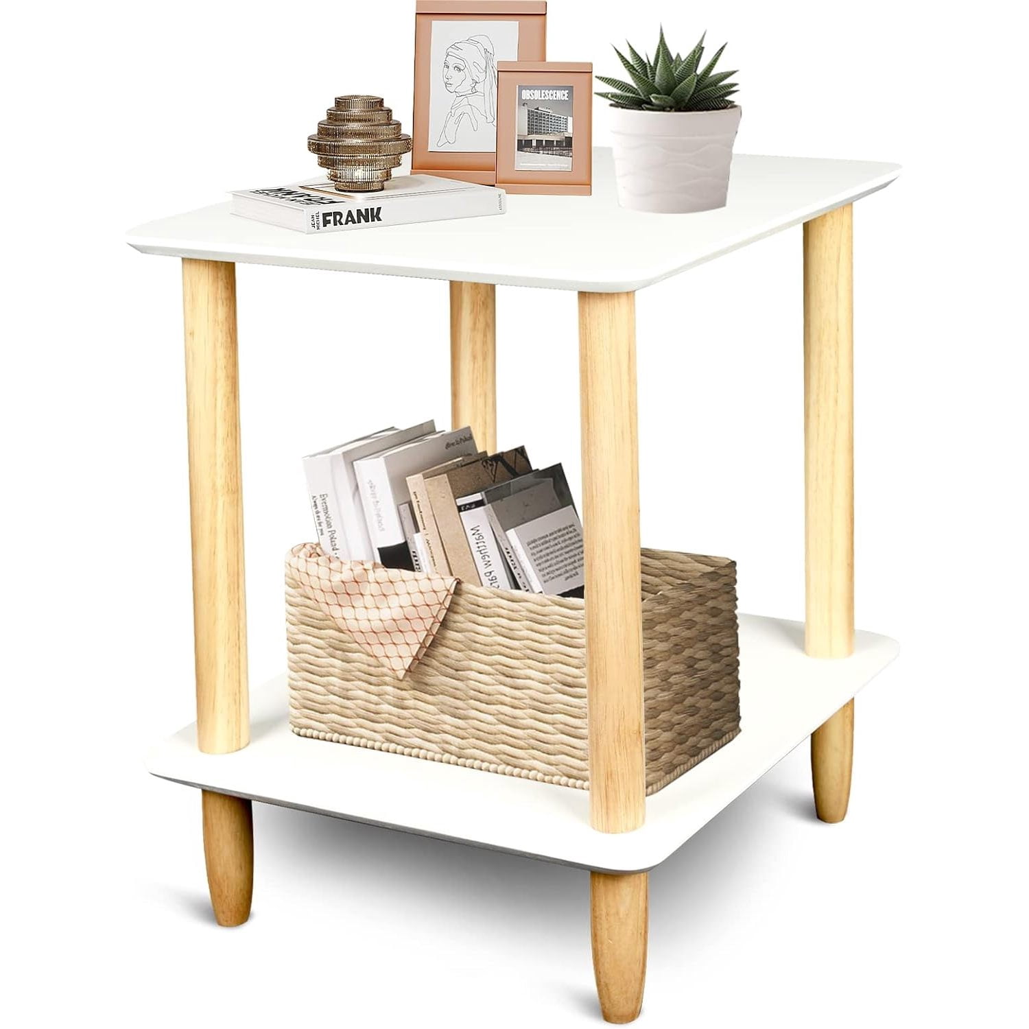ECOMEX 2-Tier End Table, Small Side Table with Storage Shelf, Wooden ...