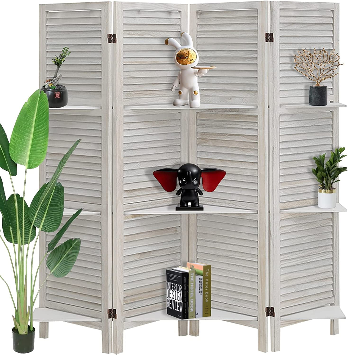 ECOMEX 4 Panel Room Divider with Shelves, 5.6Ft Tall Folding Partition ...