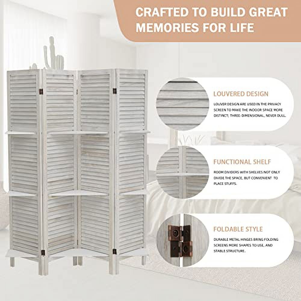 ECOMEX Room Divider 4 Panel Indoor Room Screens with Shelves Wood ...