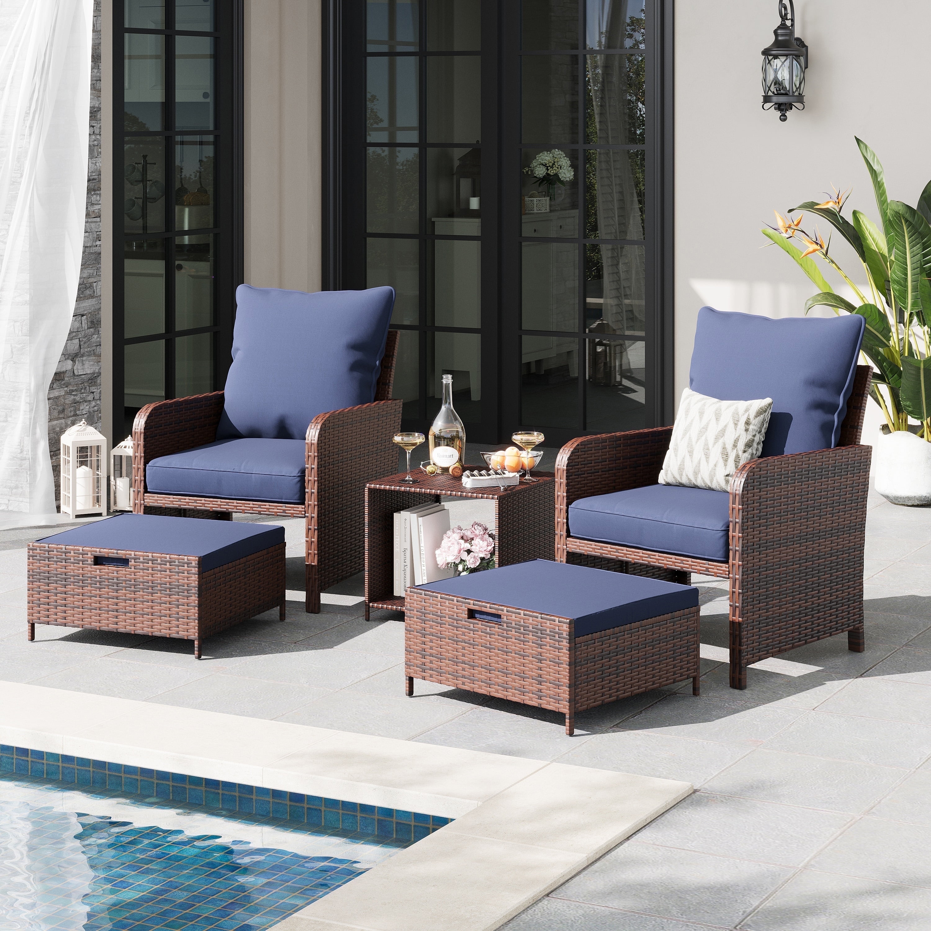 ECOPATIO 5pc Patio Set, Outdoor Rattan Chair & Ottomans, Storage Table ...