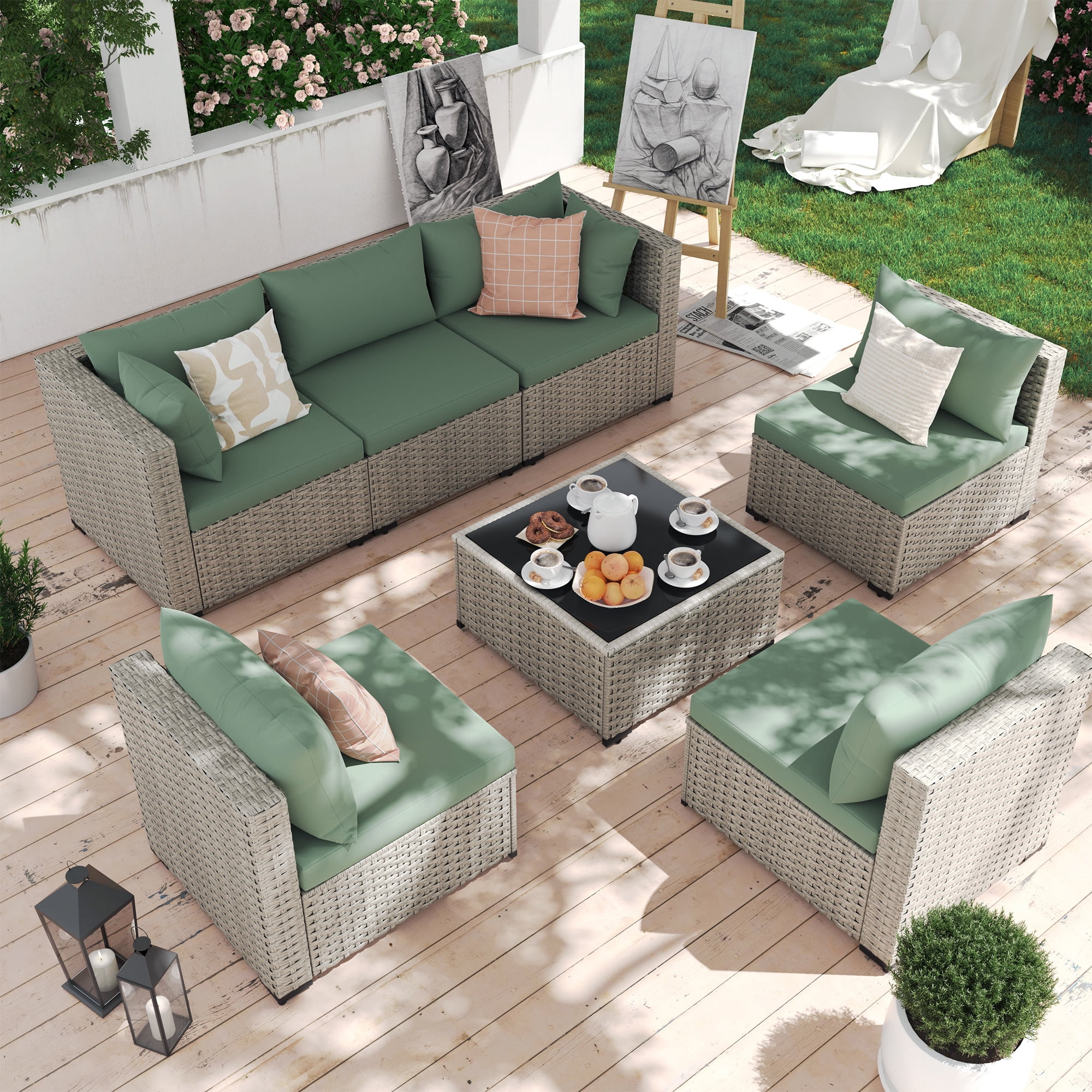 ECOPATIO 7-Piece Outdoor Patio Conversation Set, PE Rattan Wicker ...