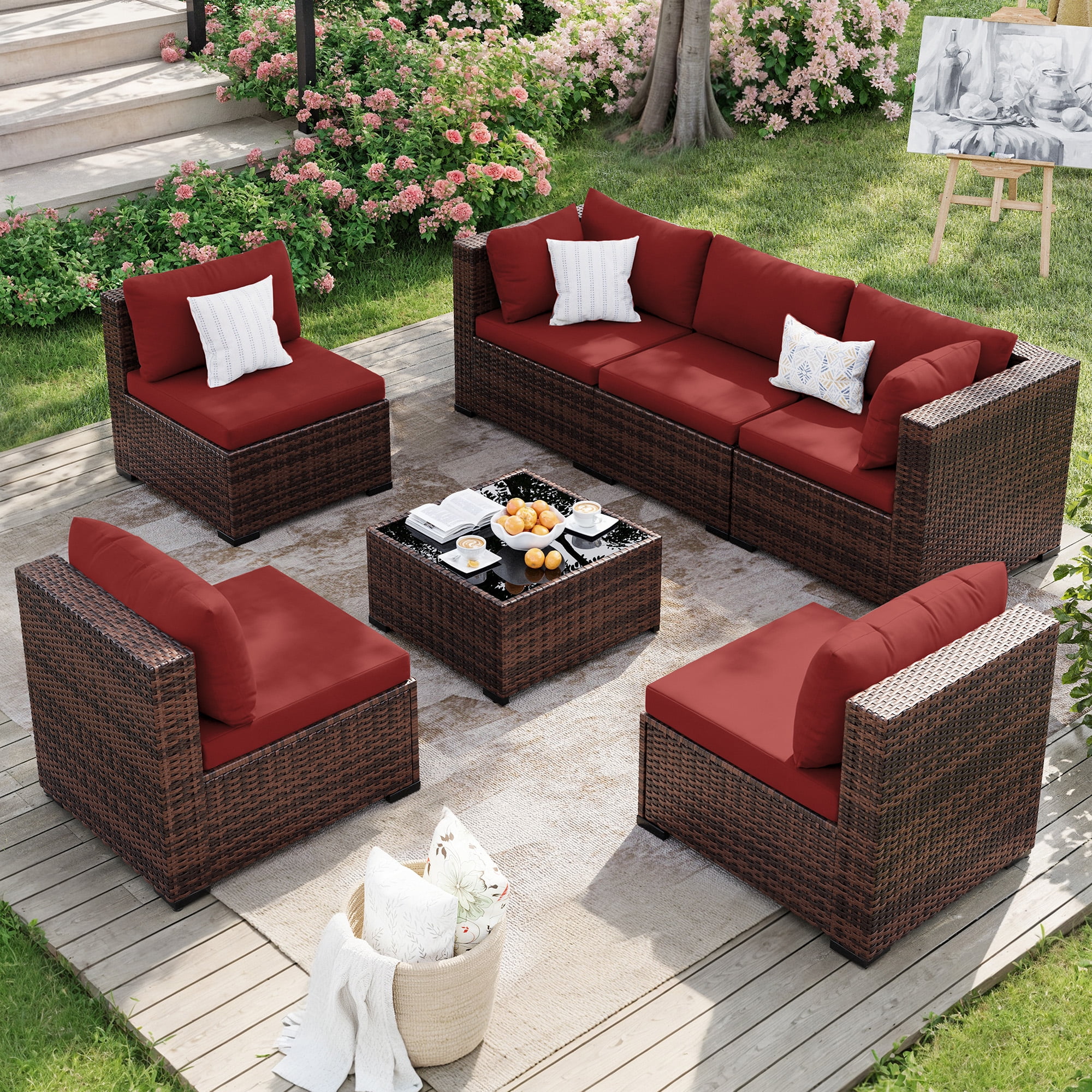 ECOPATIO Outdoor 7-Piece Patio Conversation Set, PE Rattan Wicker ...