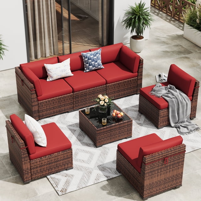 ECOPATIO Outdoor 7-Piece Patio Conversation Set, PE Rattan Wicker ...