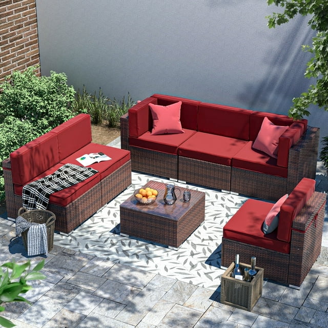 ECOPATIO Outdoor 7-Piece Patio Conversation Set, PE Rattan Wicker ...