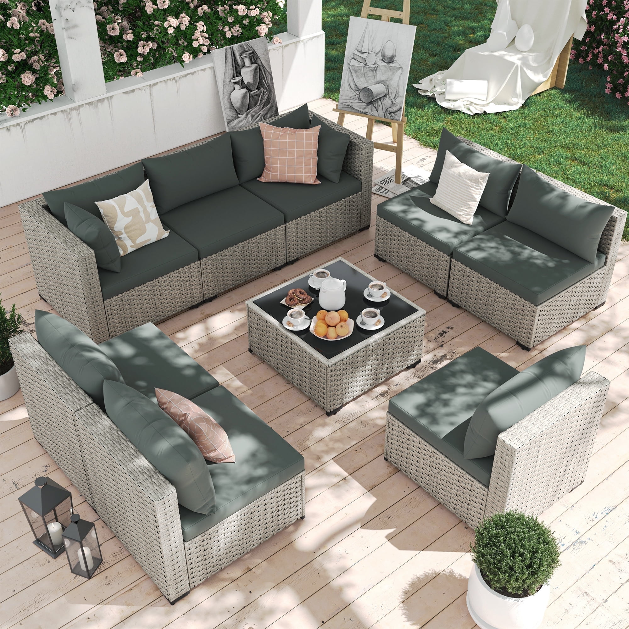 ECOPATIO Outdoor 9-Piece Patio Conversation Set, PE Rattan Wicker ...