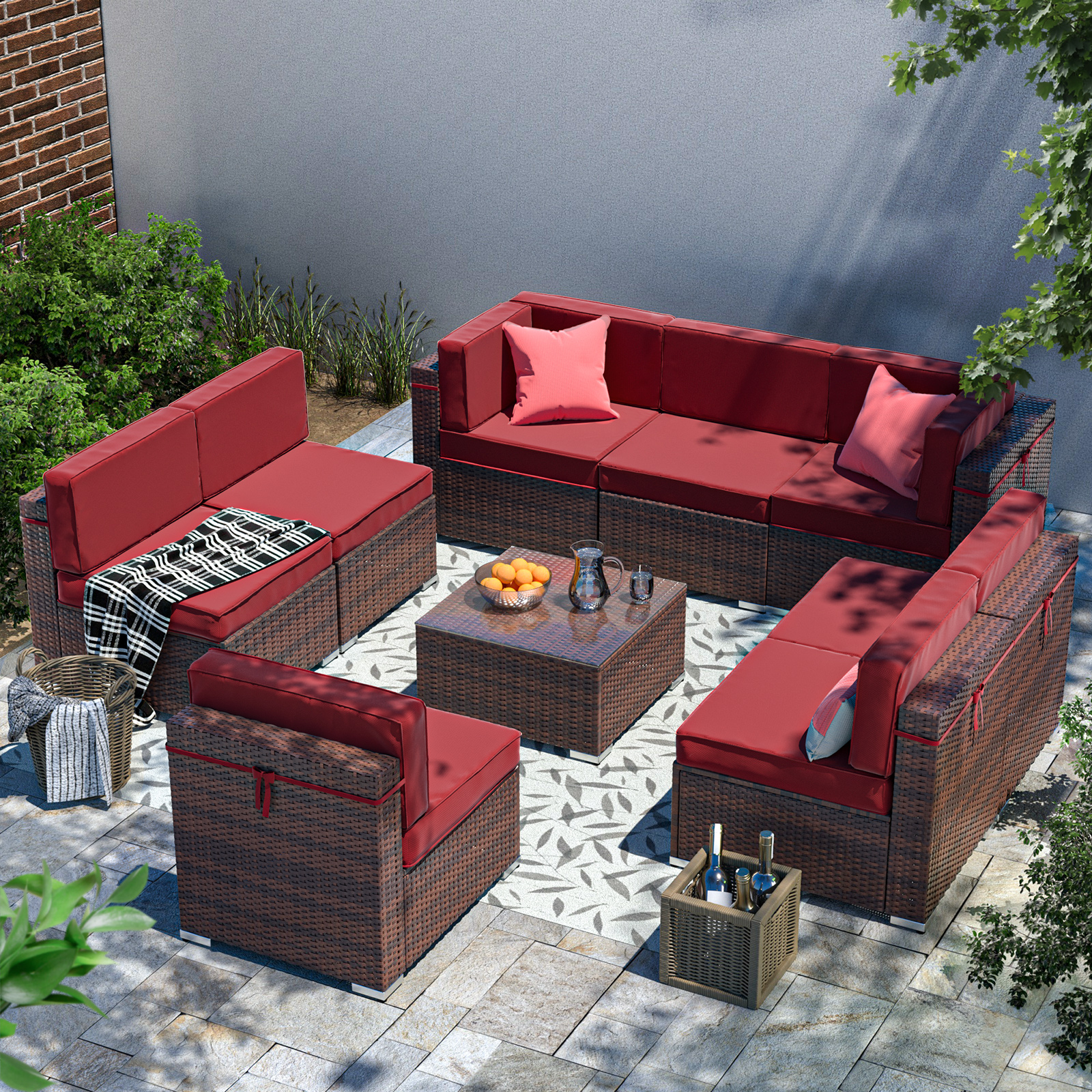 ECOPATIO 9 Pieces Patio Conversation Set, Outdoor Sectional PE Rattan ...