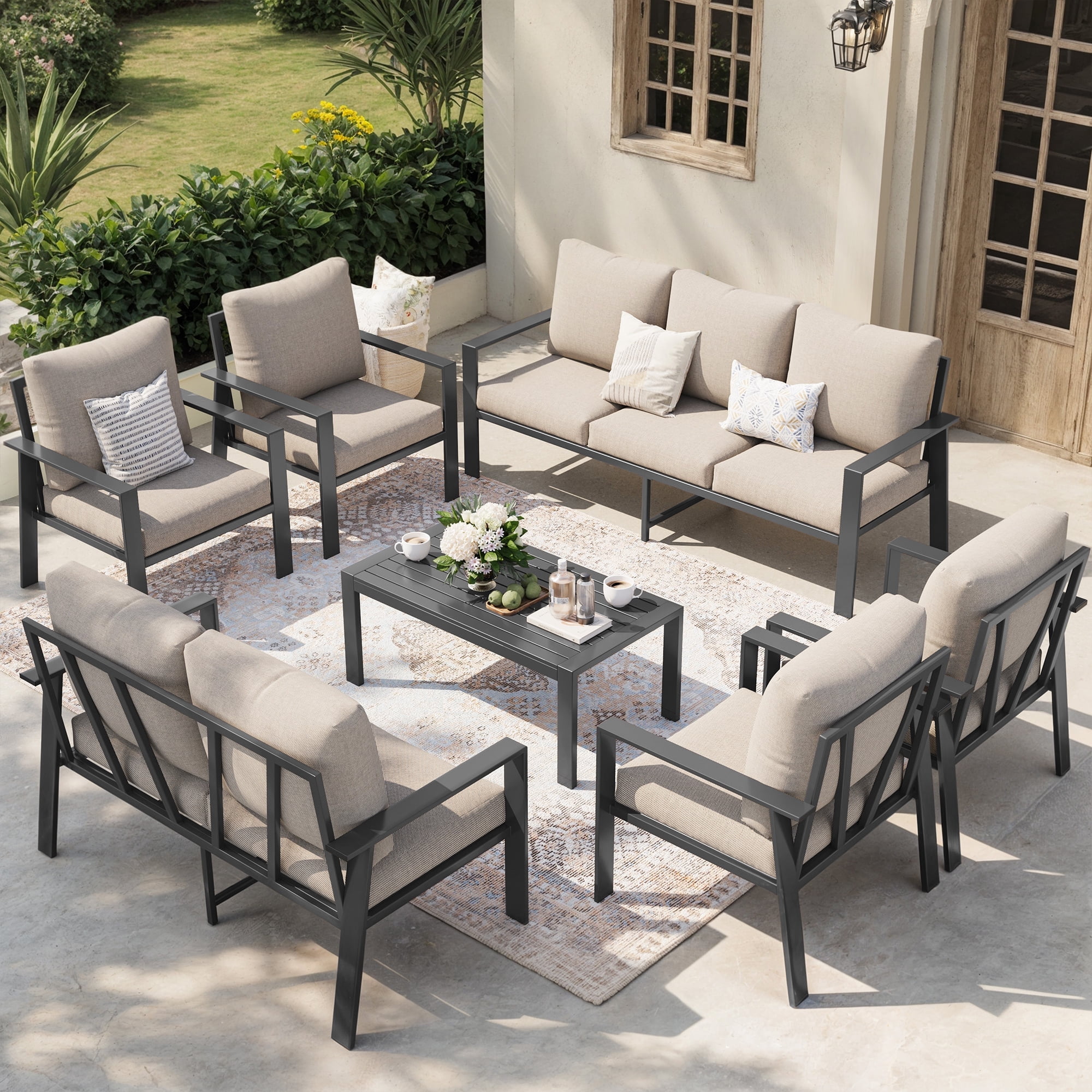 ECOPATIO Aluminum Patio Furniture Set, 9 Pcs Modern Outdoor Sofa Sets ...