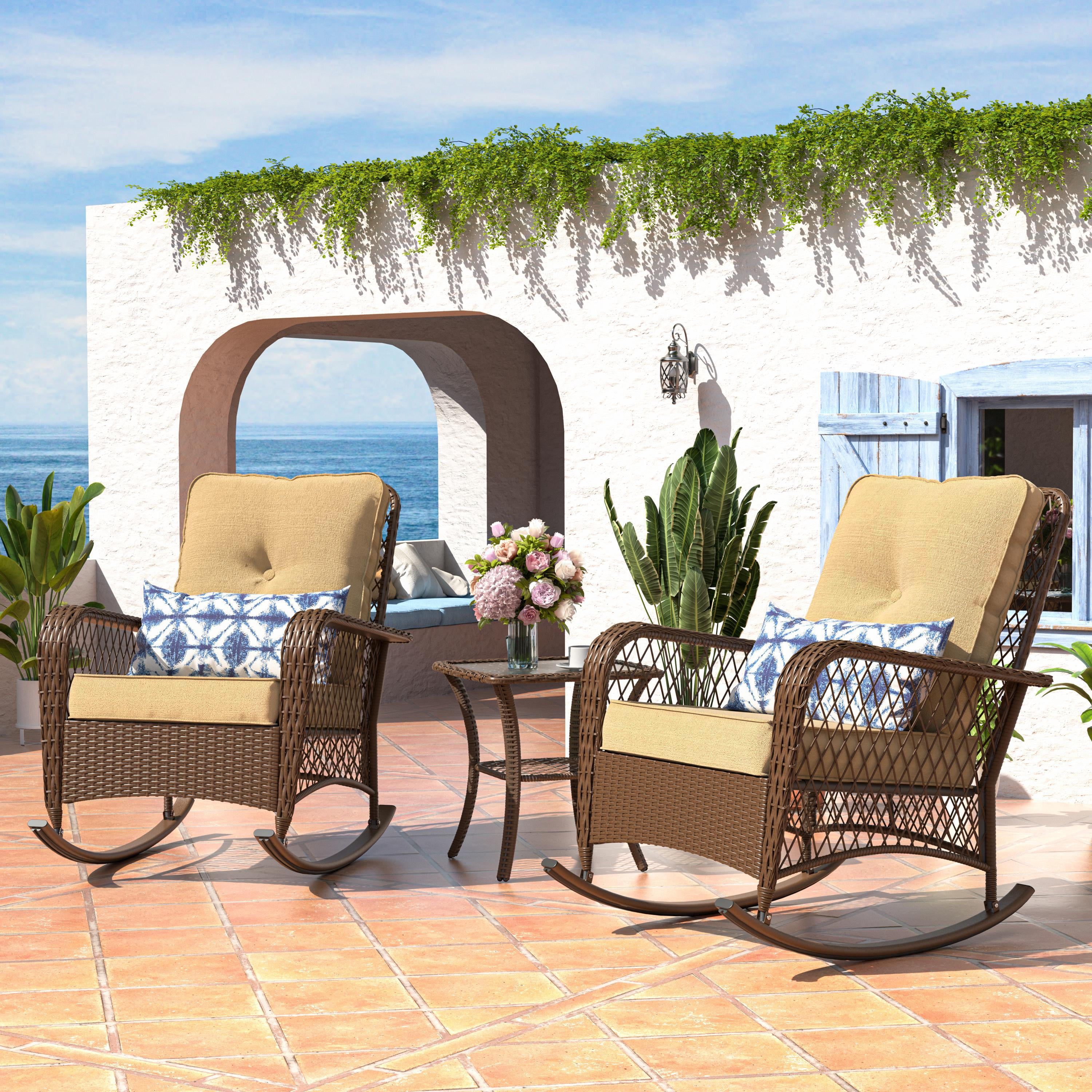 ECOPATIO Outdoor Rocking Chairs Set of 3, Wicker Patio Furniture with ...