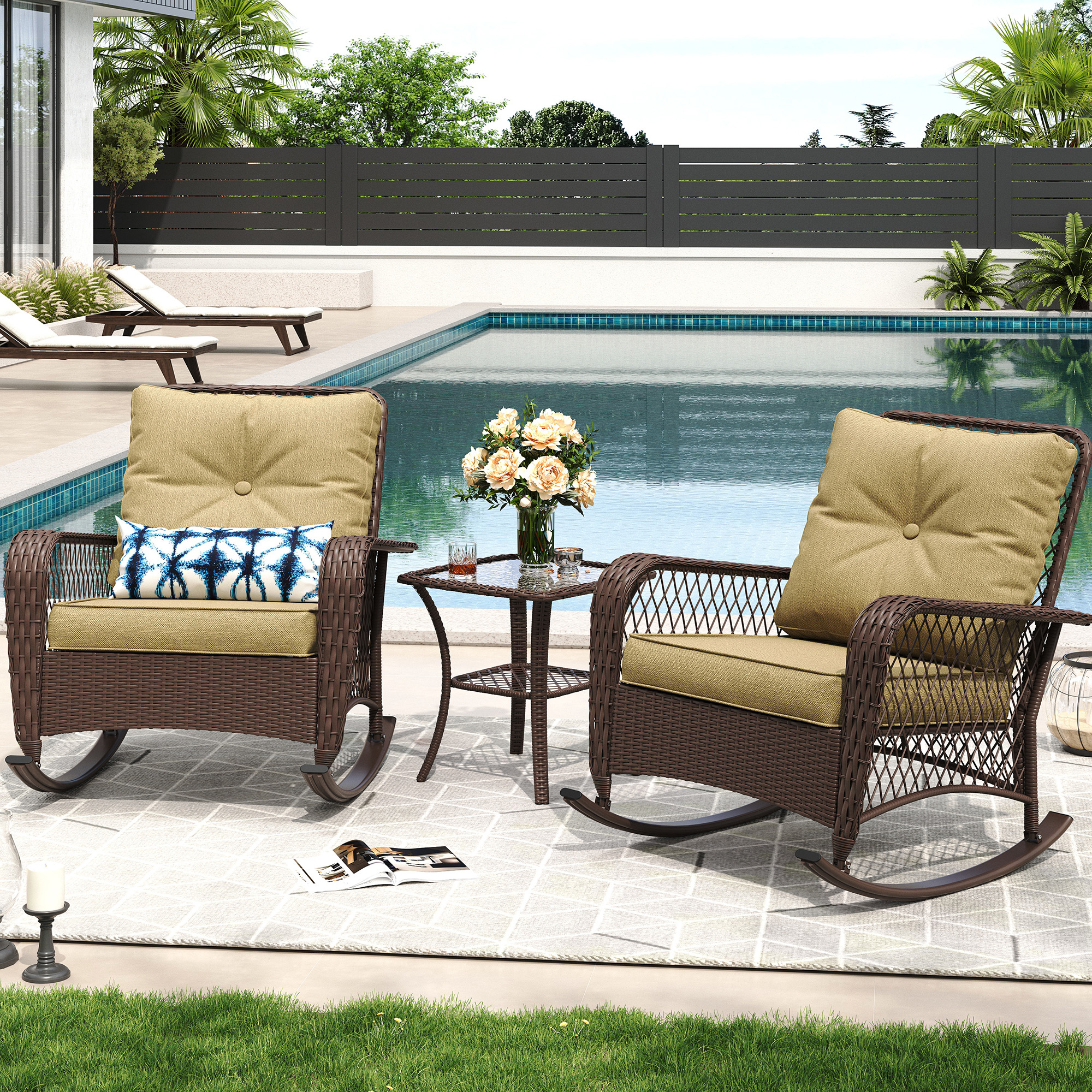 W WARMHOL Outdoor Wicker Rocking Chair with Thickened Cushions, All ...