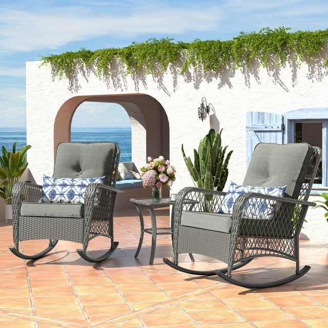 ECOPATIO Outdoor Rocking Chairs Set of 3, Wicker Patio Furniture with ...