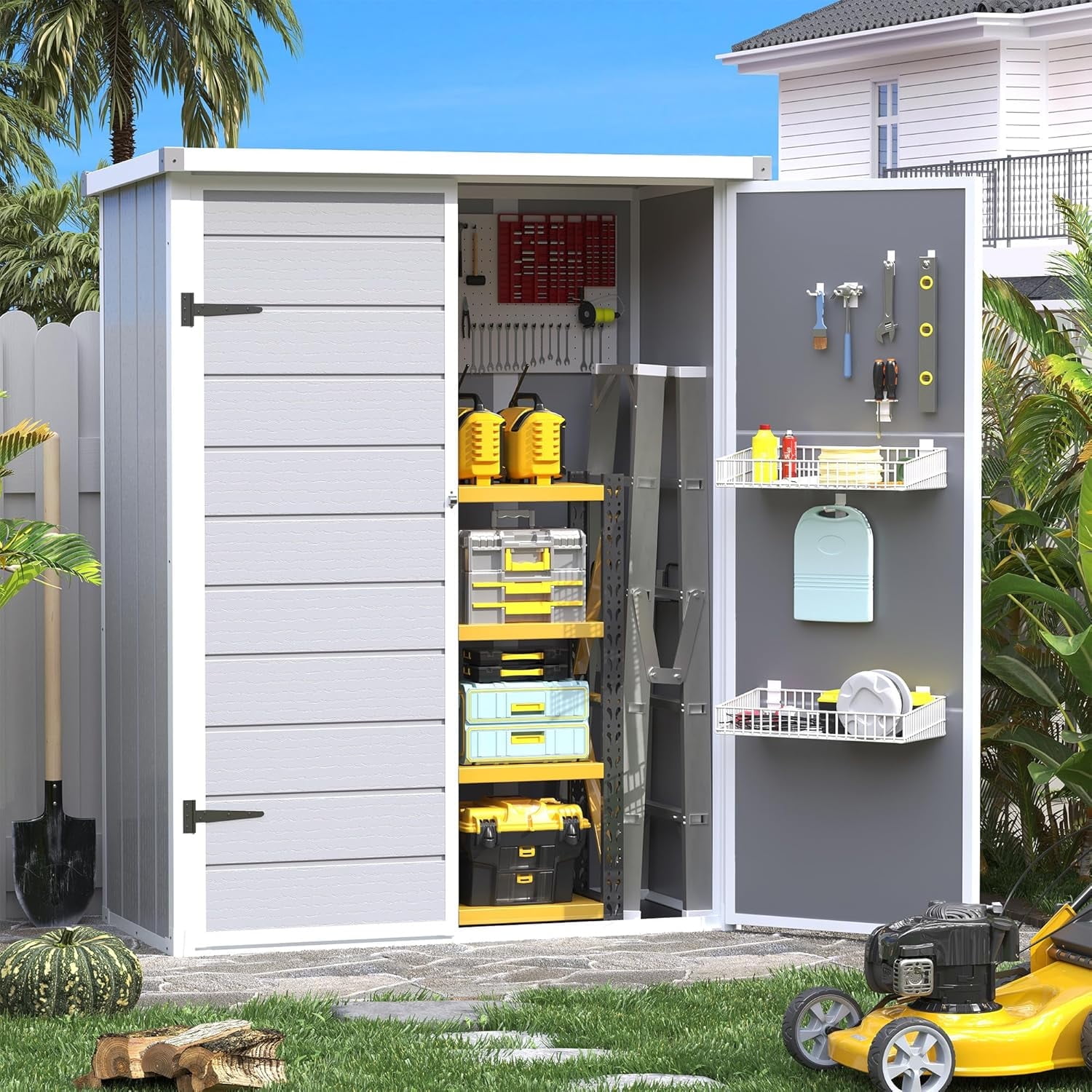 ECOPATIO Resin Vertical Lockable Storage Shed, 4.3 ft x 5.6 ft Outdoor ...