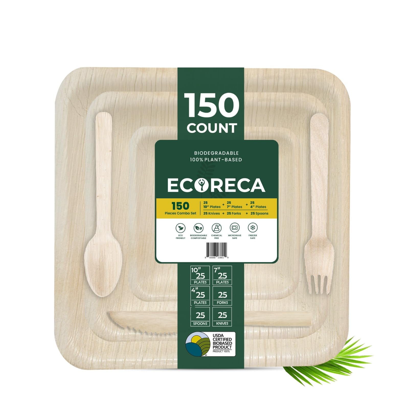 ECORECA 150-Piece Biodegradable Palm SSF20 Leaf Dinnerware Set | 7", 4 ...